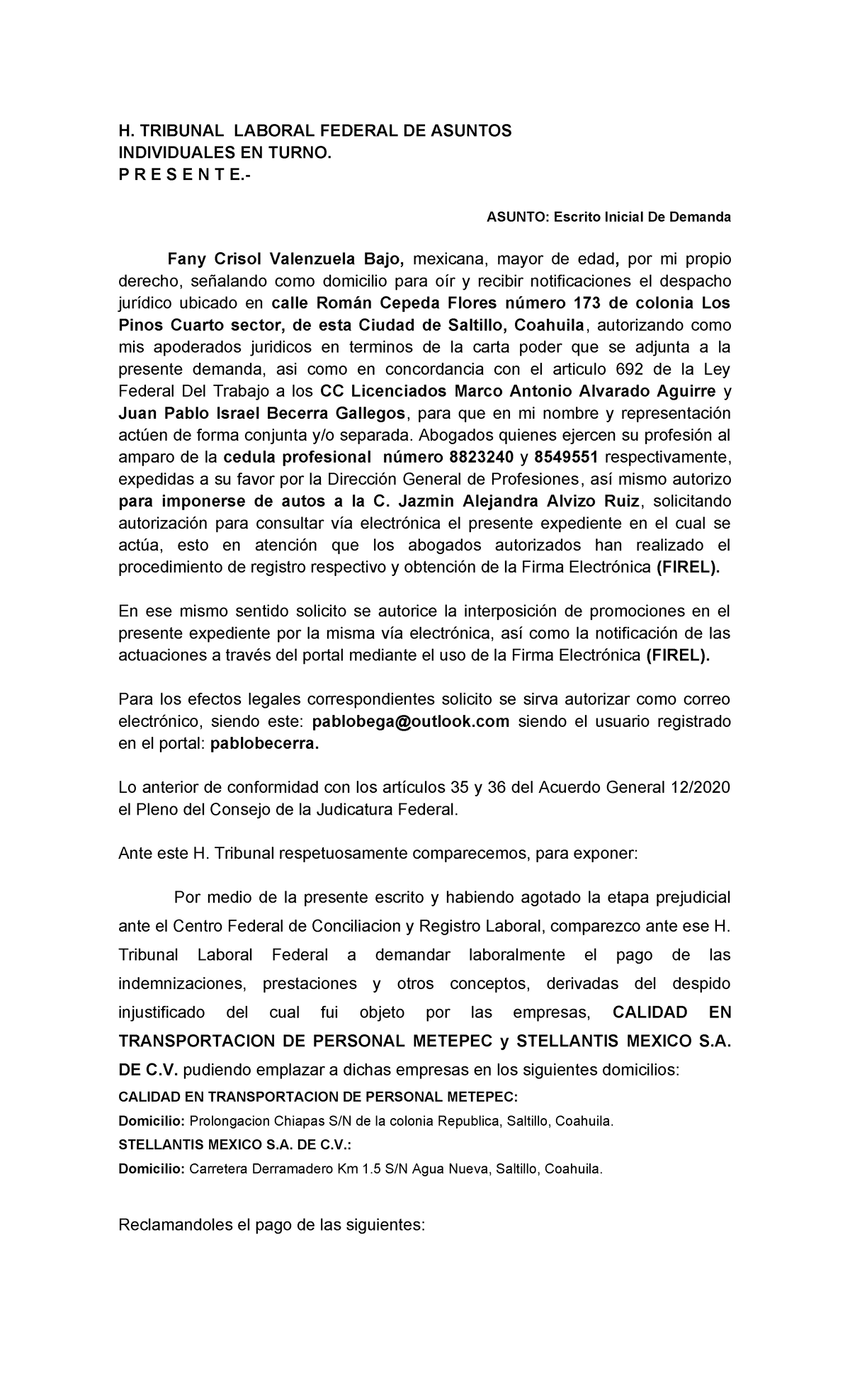Demanda Laboral Formato - H. TRIBUNAL LABORAL FEDERAL DE ASUNTOS ...