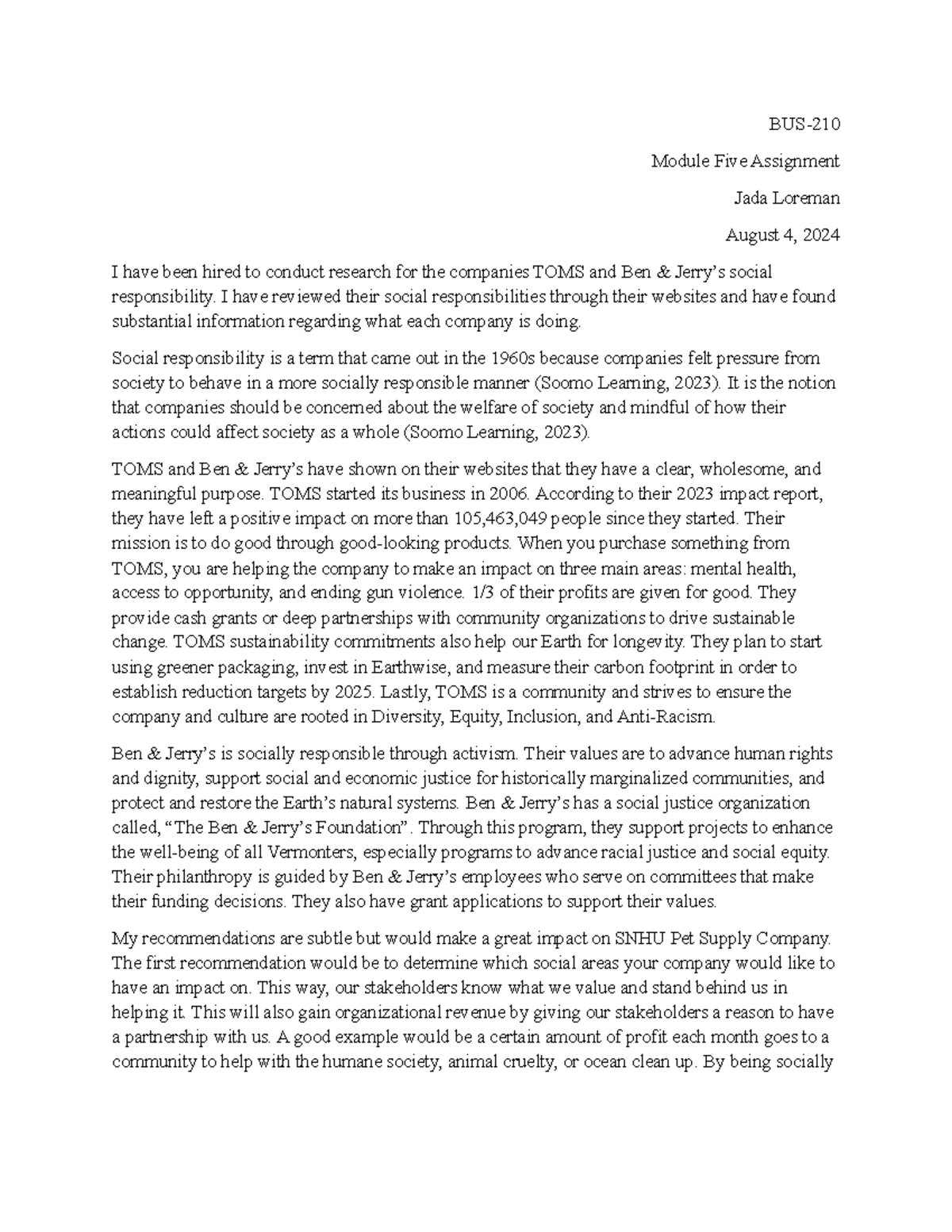 Bus 210 Module 5 Assignment Bus Module Five Assignment Jada Loreman August 4 2024 I Have