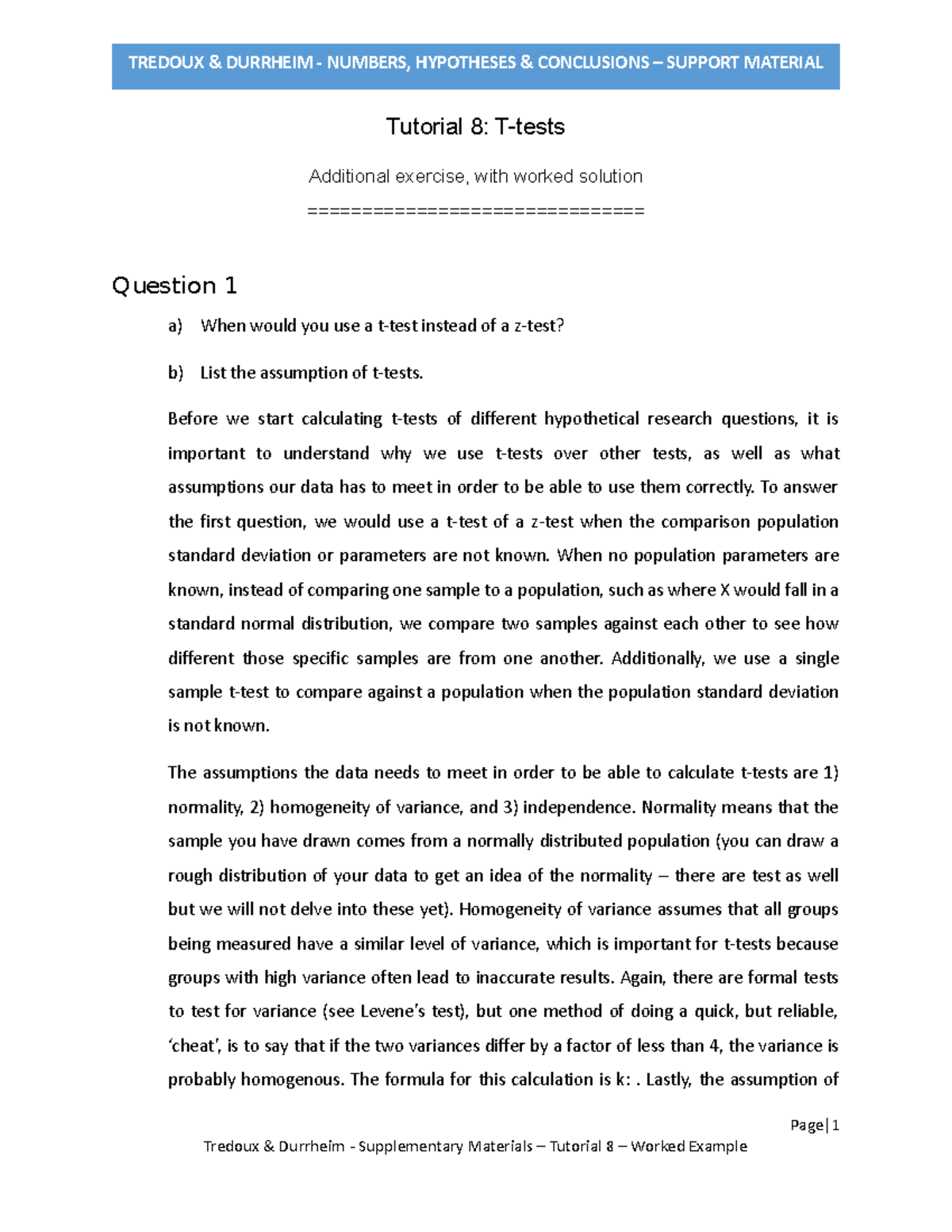 Tutorial 6 - Worked Example Questions - Tutorial 8: T-tests Additional ...