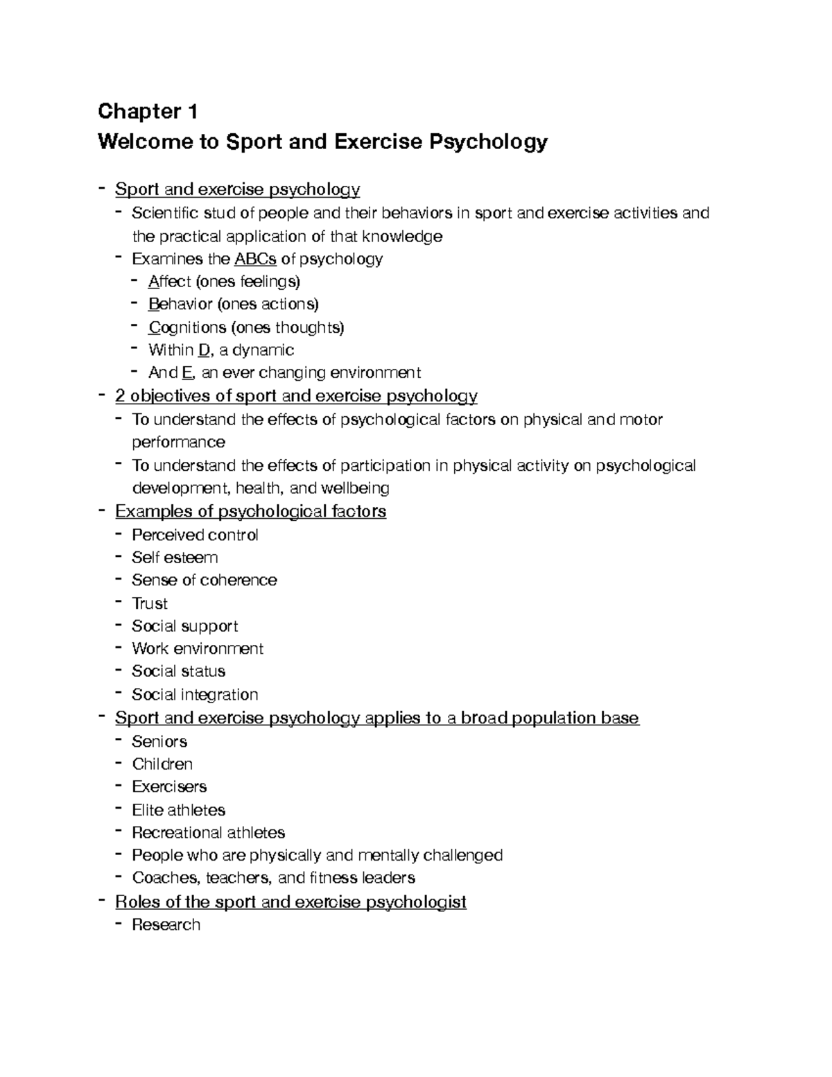 Chapter 1 Notes - lecture - Chapter 1 Welcome to Sport and Exercise ...