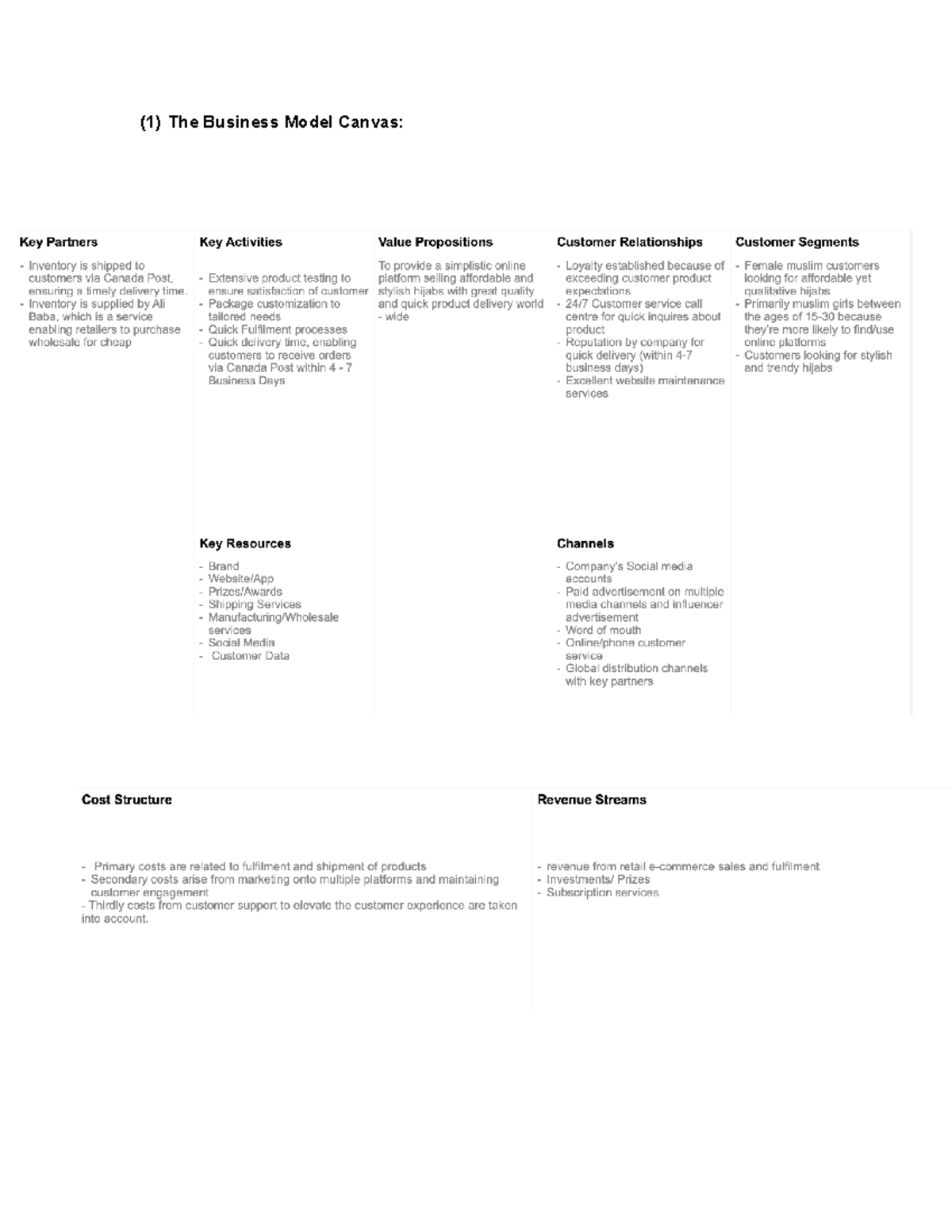 Business Model Project - (1) The Business Model Canvas: (2) Description ...