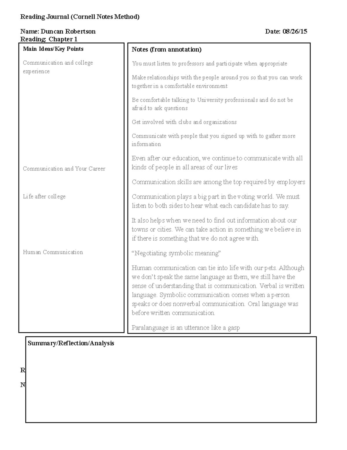 COMM 101 Notes Ch 1-4 - Reading Journal (Cornell Notes Method) Name ...