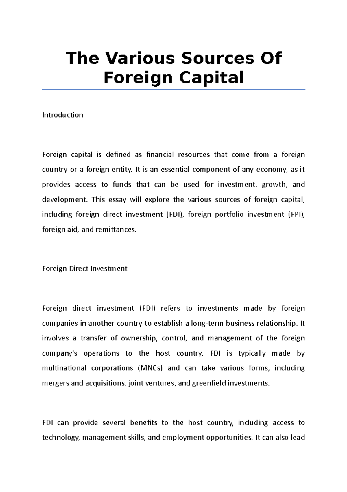 The Various Sources Of Foreign Capital - The Various Sources Of Foreign ...