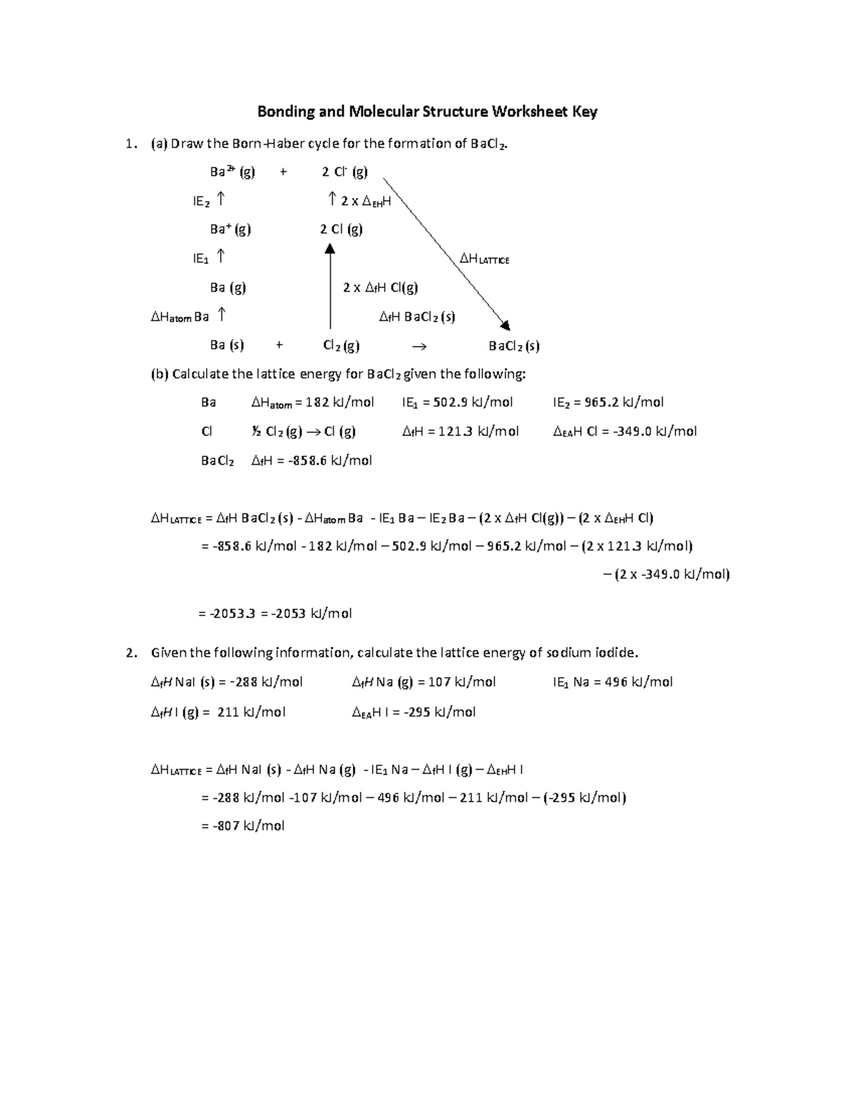 141 Bonding Molecular Structure Worksheet key - Bonding and Molecular ...