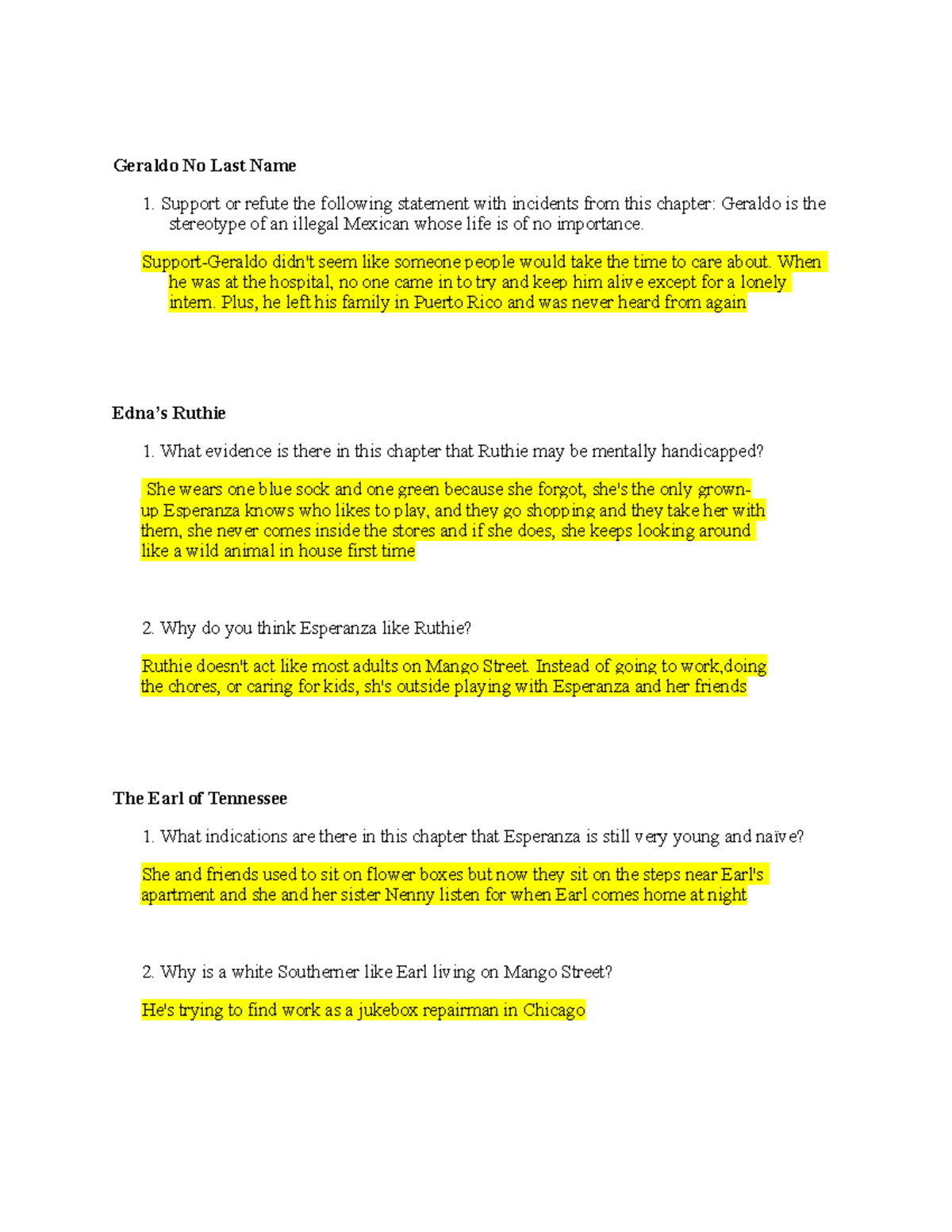 The house on Mango Street section 5 - Geraldo No Last Name Support or ...