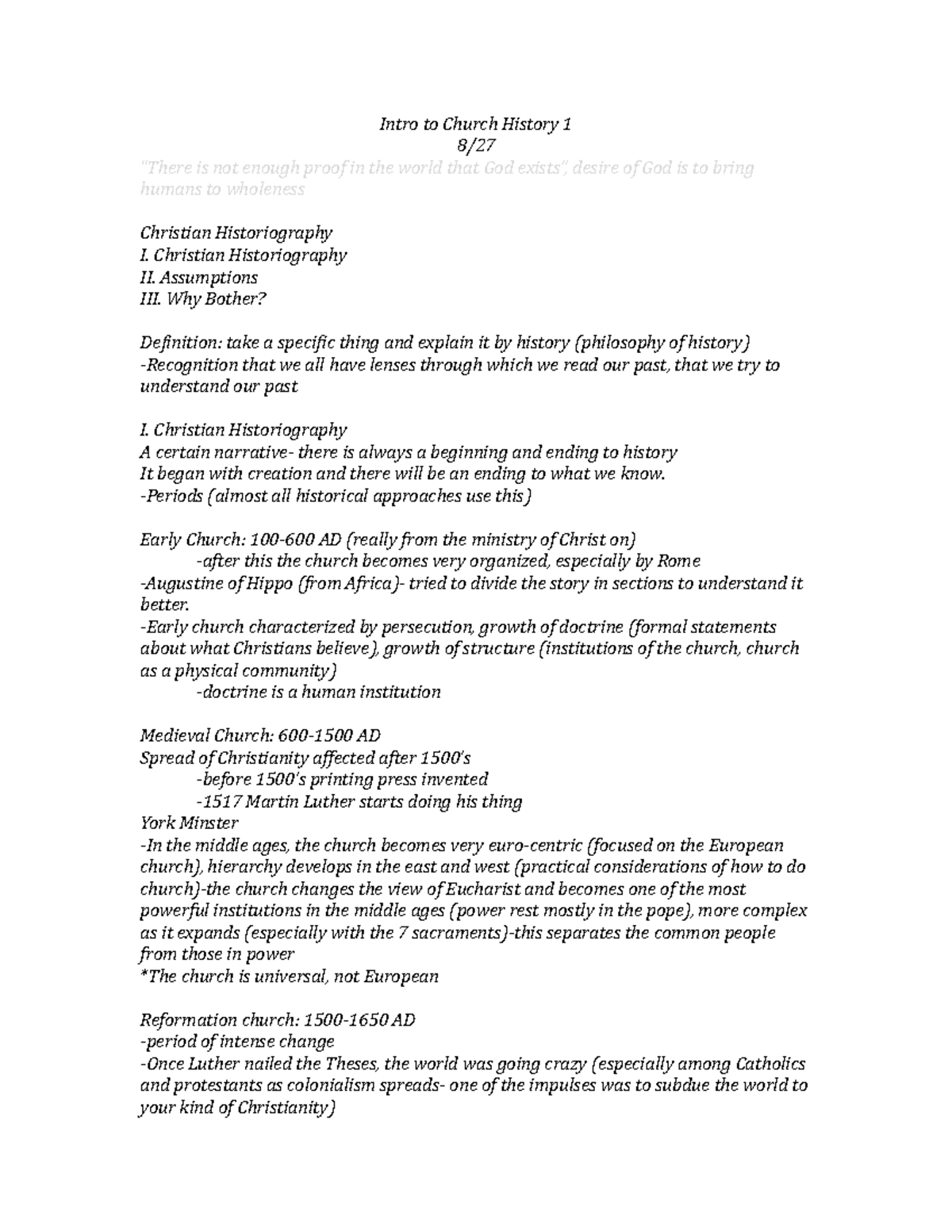 Intro to Church History 1 - Christian Historiography II. Assumptions ...