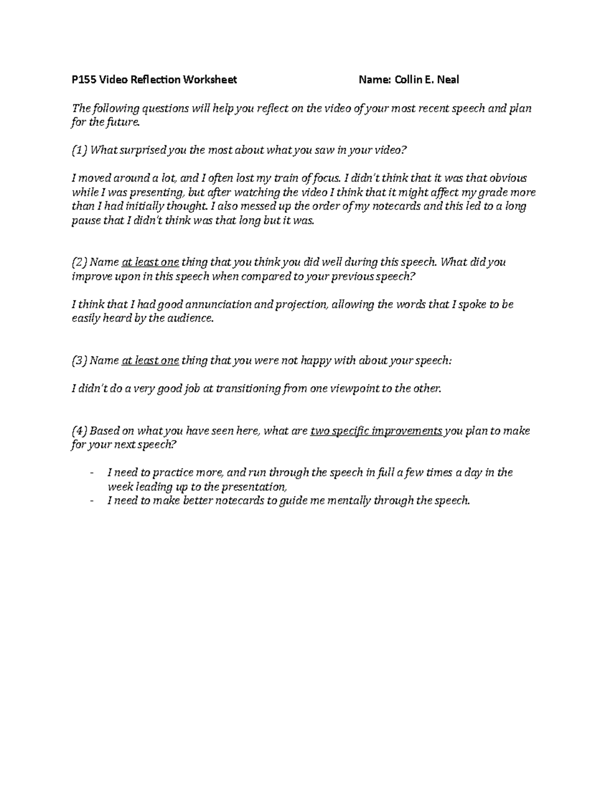 P155 Video Reflection Worksheet - Neal The following questions will ...