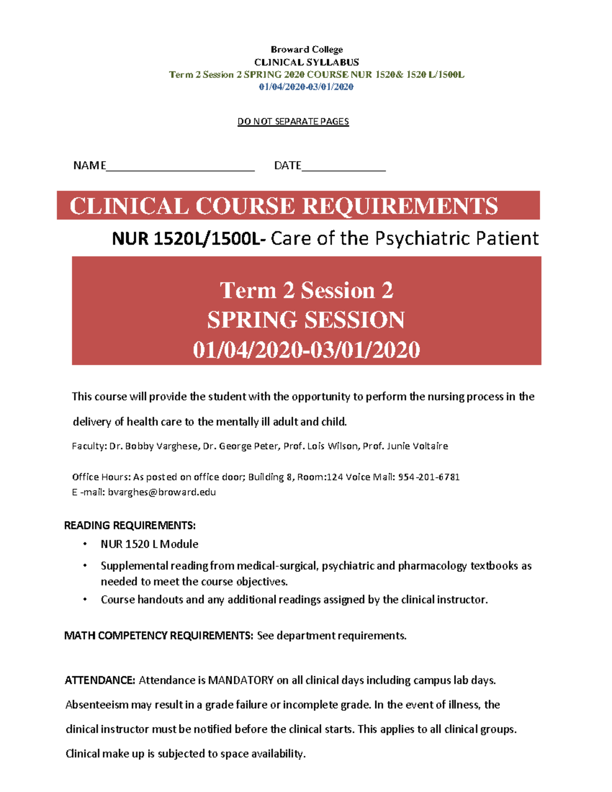 Clinical Syllabus Spring 2020 - Term 2 Session 2 SPRING 2020 COURSE NUR ...