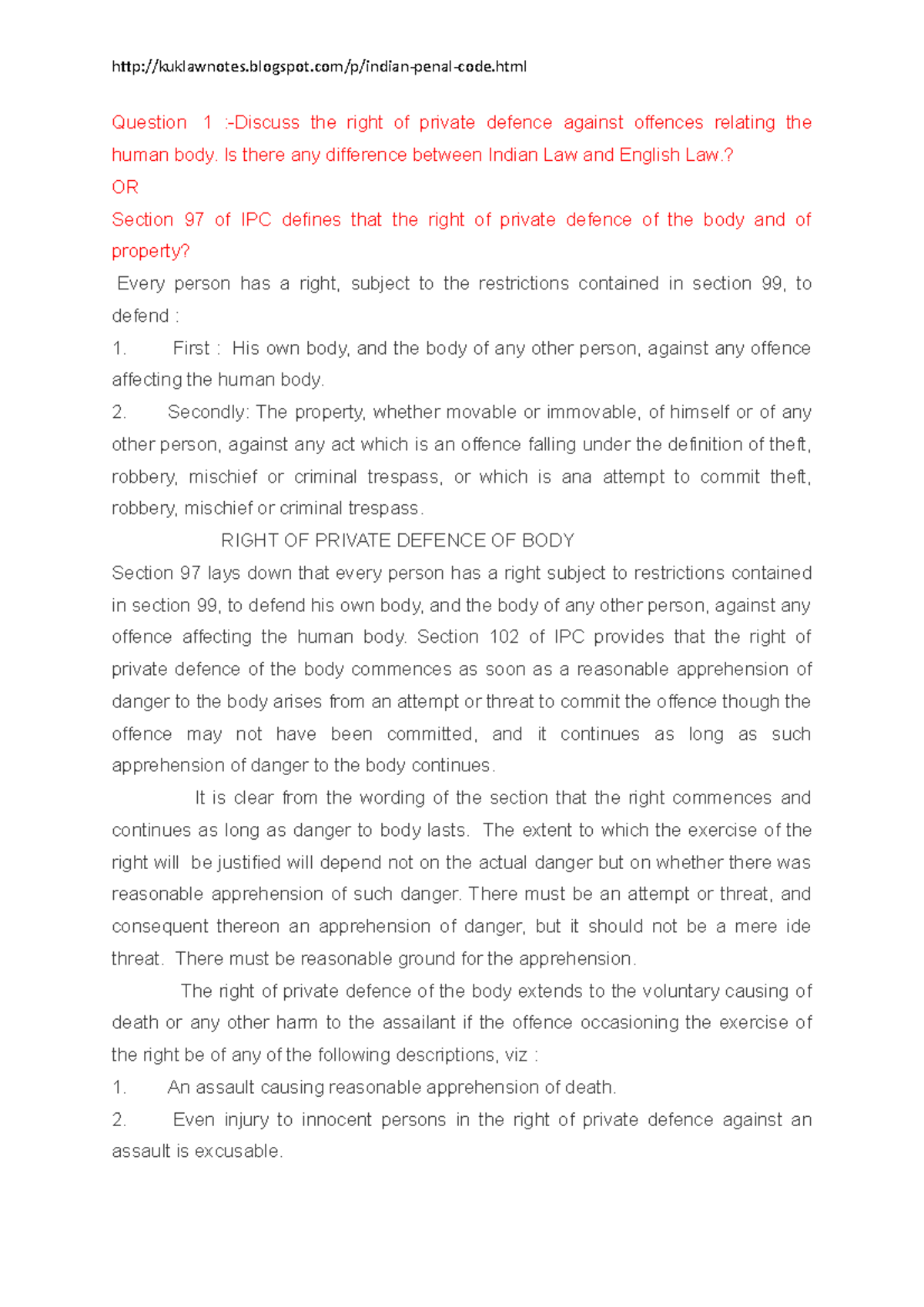 IPC Questions - downloaded - Question 1 :-Discuss the right of private ...