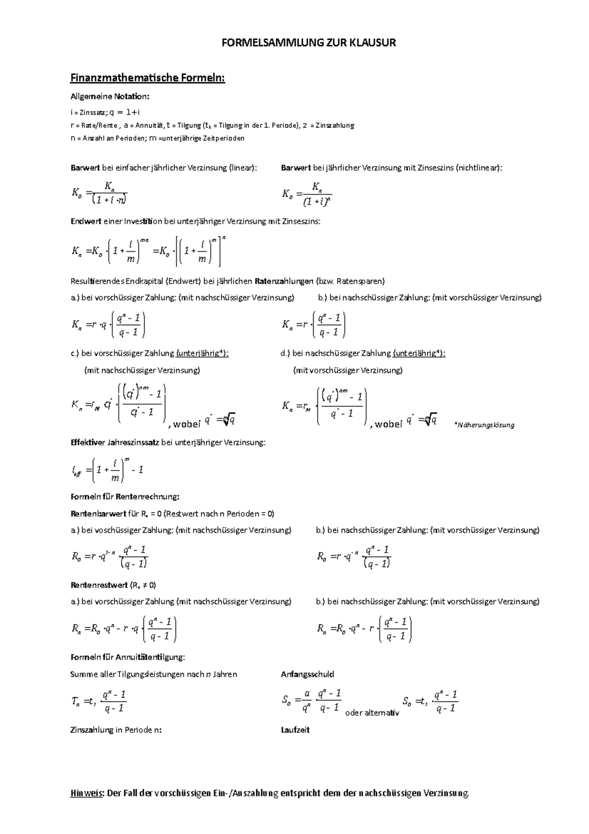 Formelsammlung 2018 - FORMELSAMMLUNG ZUR KLAUSUR Finanzmathematische ...