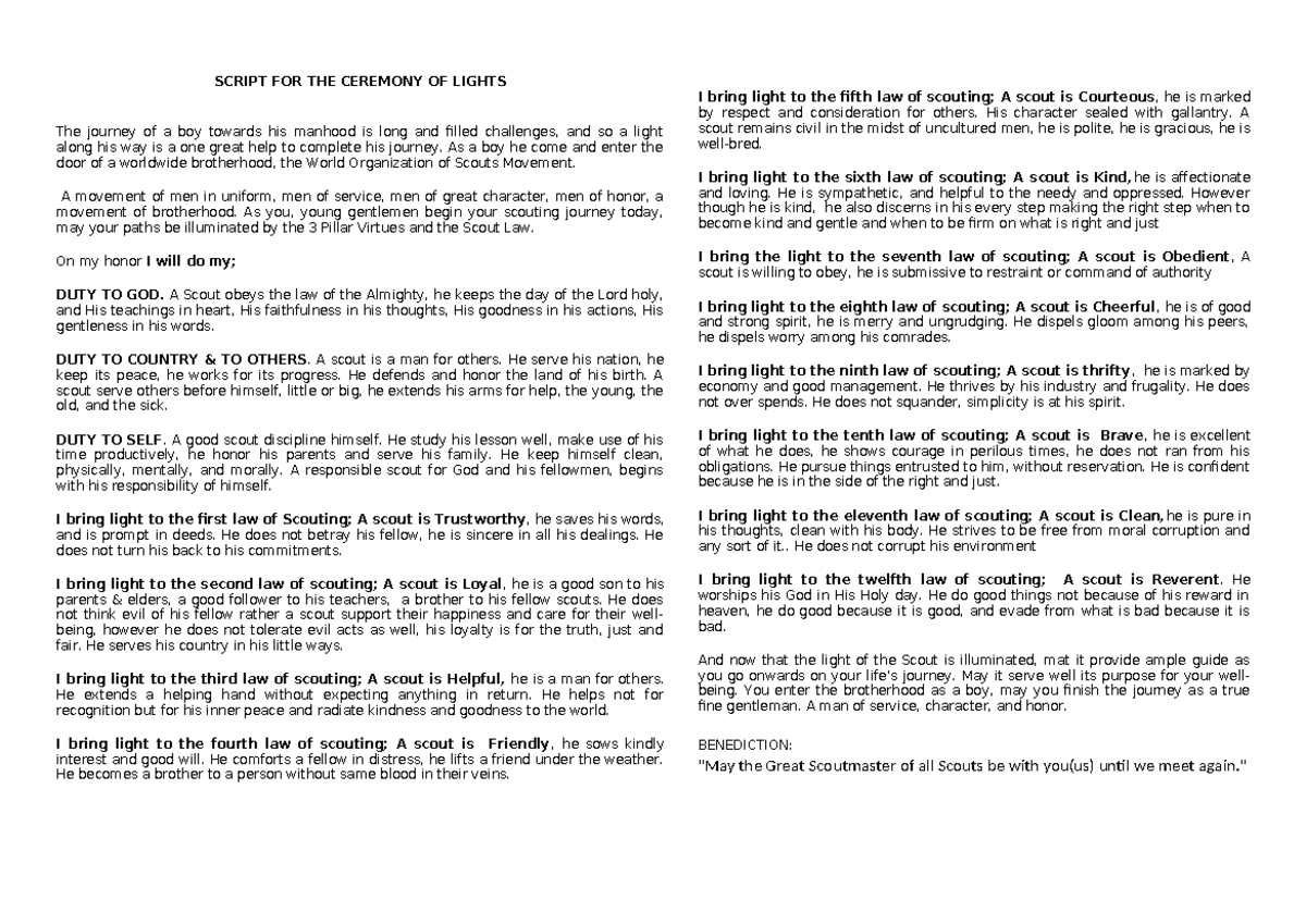 Investiture Ceremony of Lights - SCRIPT FOR THE CEREMONY OF LIGHTS The ...