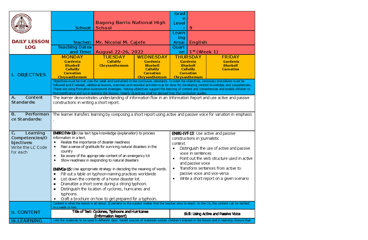 Sample-DLL-FOR-1-WEEK - DAILY LESSON LOG School: Bagong Barrio National ...