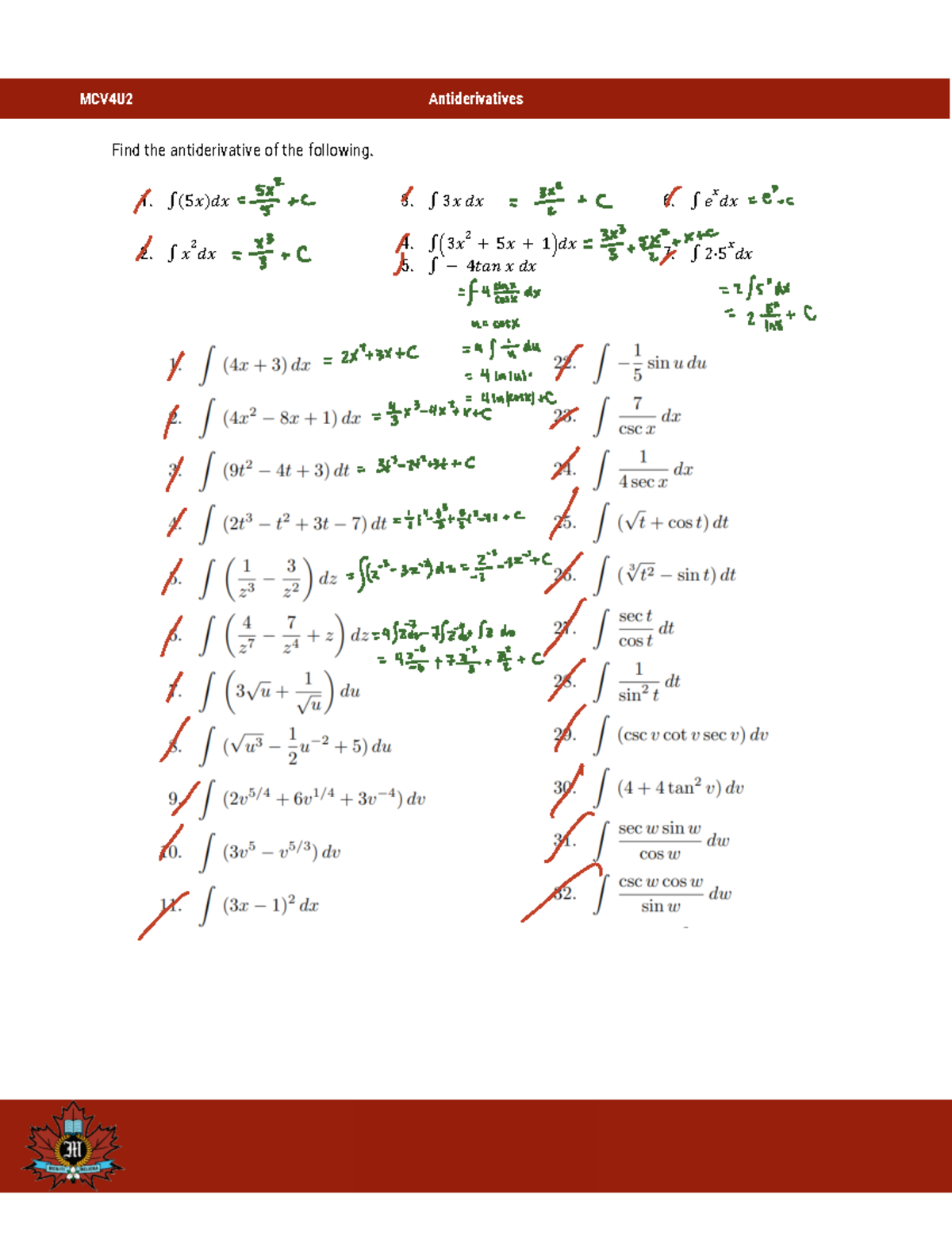 10.1 - Antiderivative Homework - MCV 4 U 2 Antiderivatives Find the ...