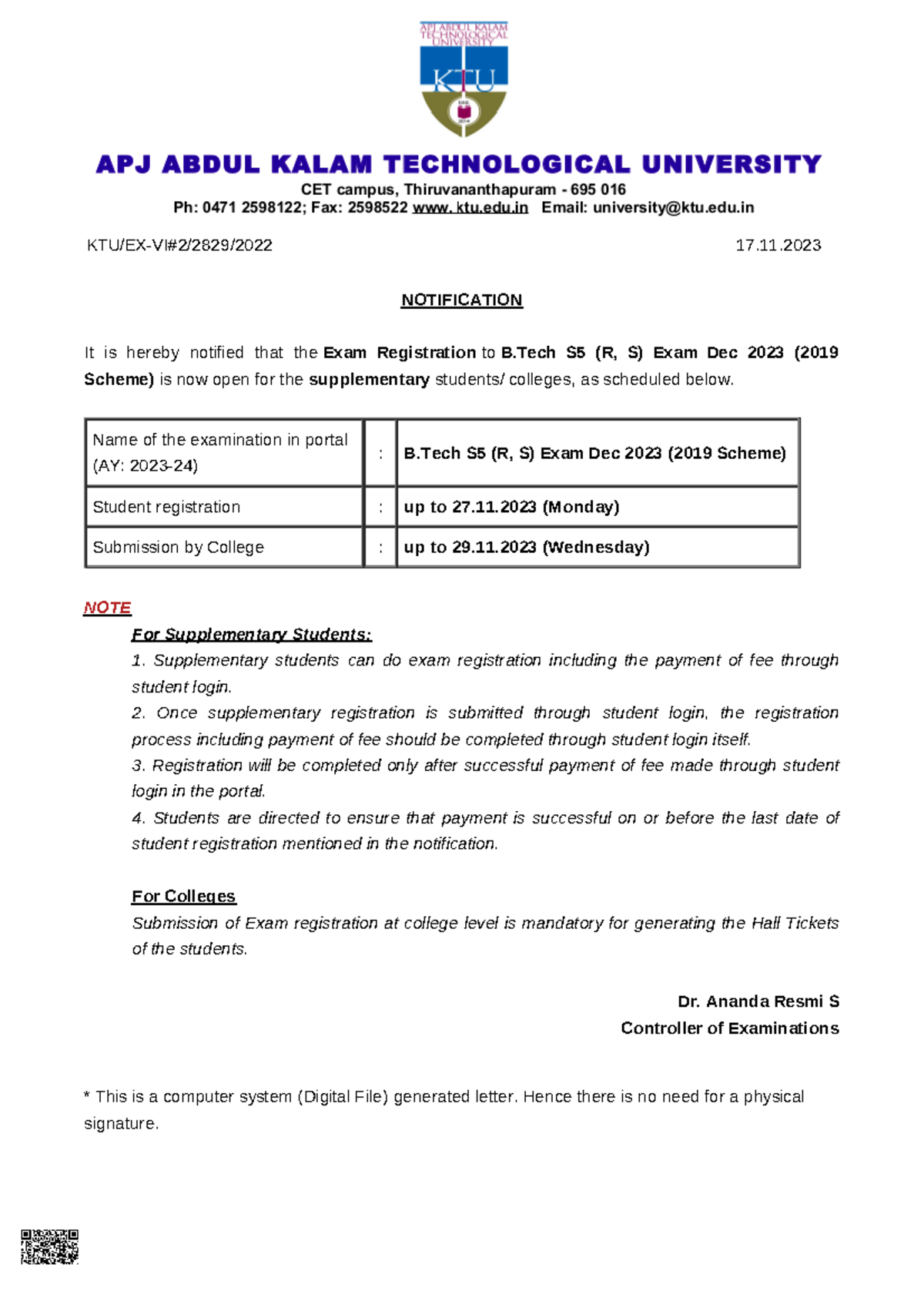 KTU-EX-VI - KTU/EX-VI#2/2829/2022 17. NOTIFICATION It is hereby ...