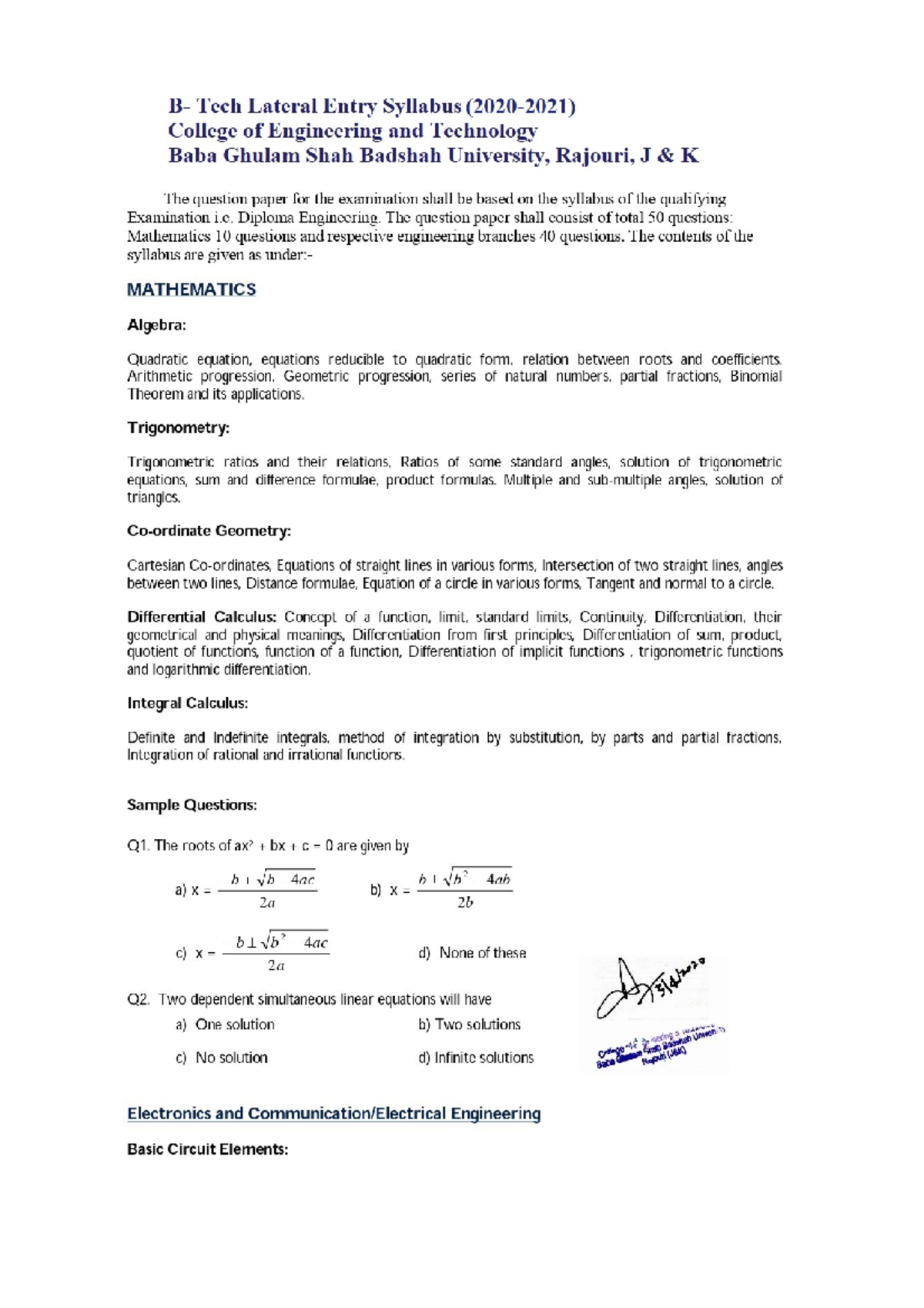 Entrance Test Syllabus for B.Tech (Lateral Entry)-2020 - Artificial ...