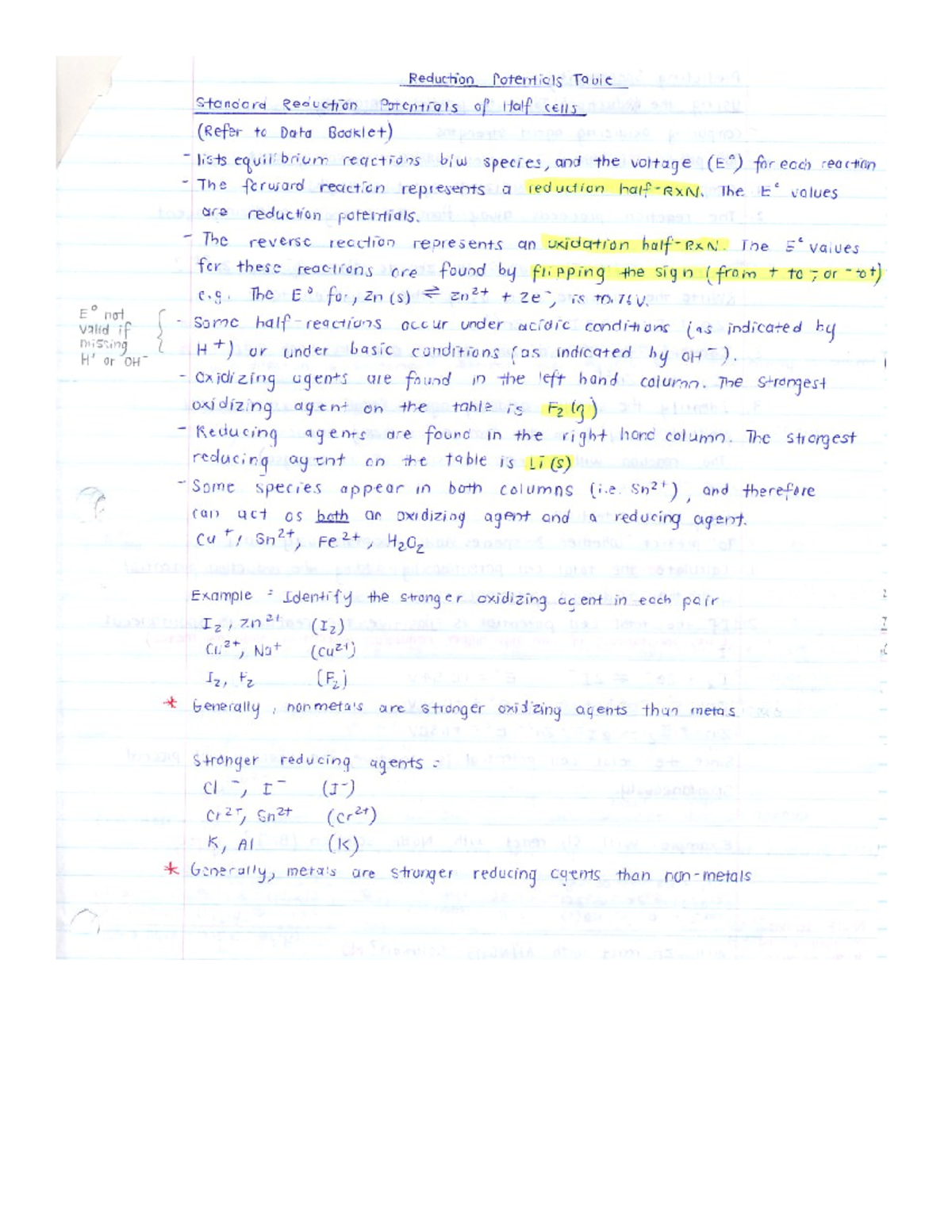 reduction potentials table exam notes - Studocu