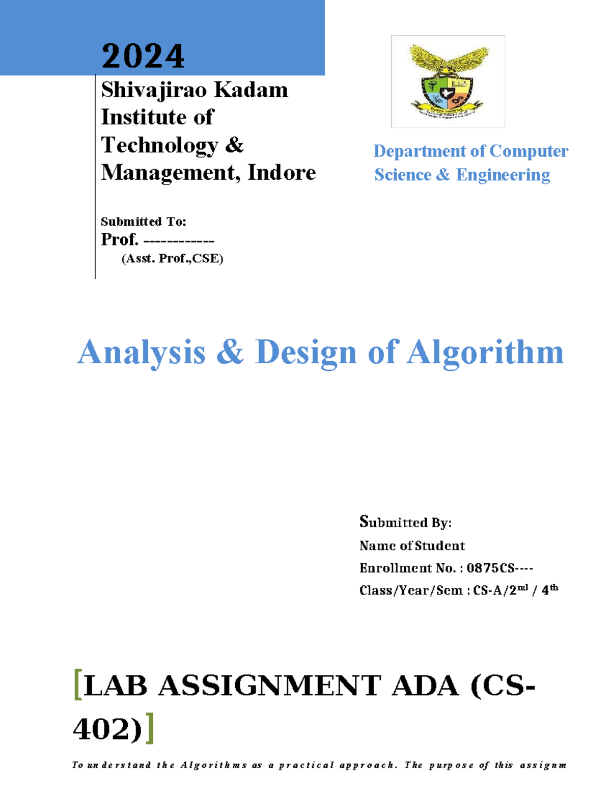 ADA LAB Experiment 1 - Shivajirao Kadam Institute of Technology ...