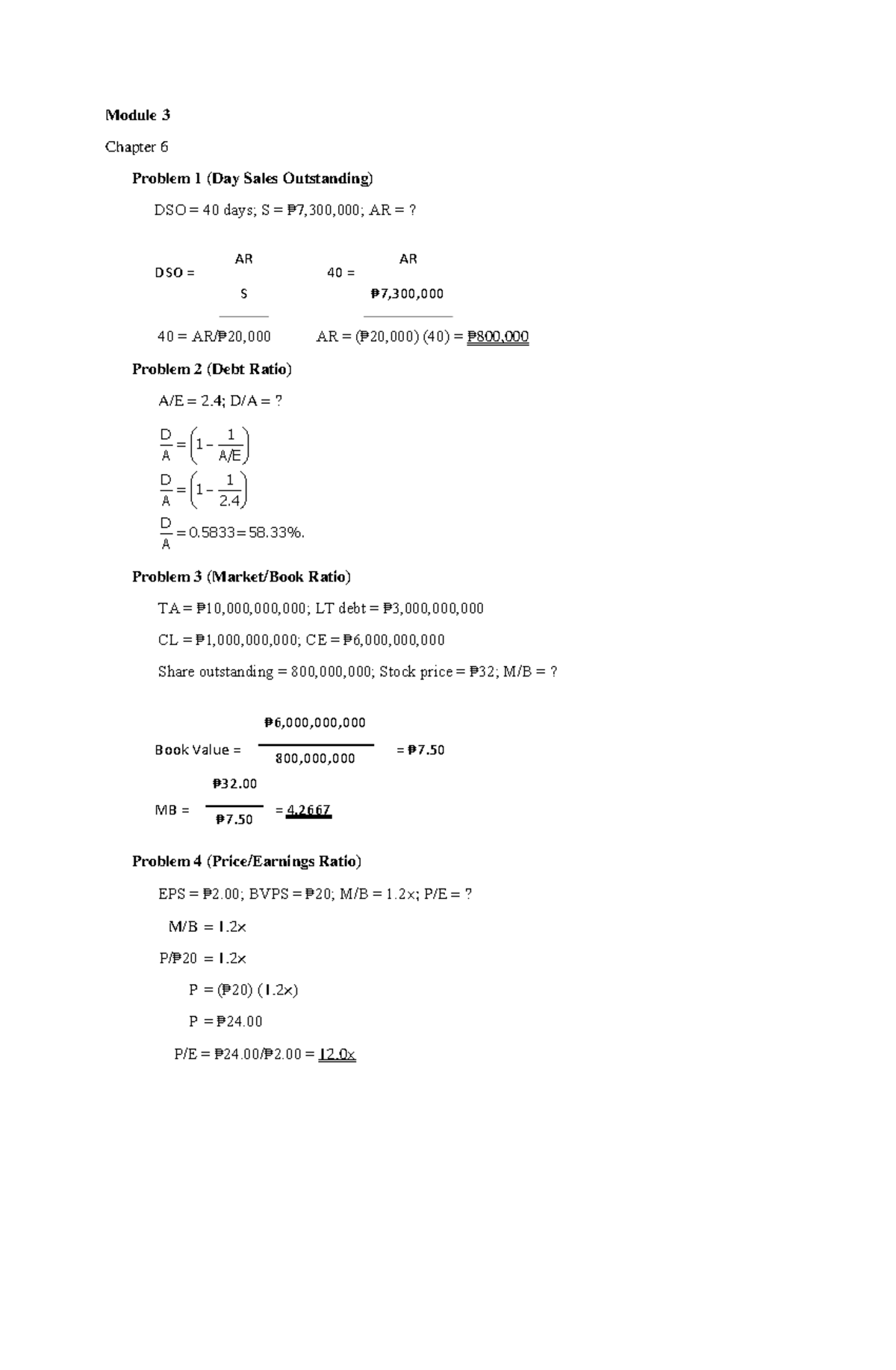 Chapter 6 - Answer - Module 3 Chapter 6 Problem 1 (Day Sales Outstanding) DSO = 40 days; S ...