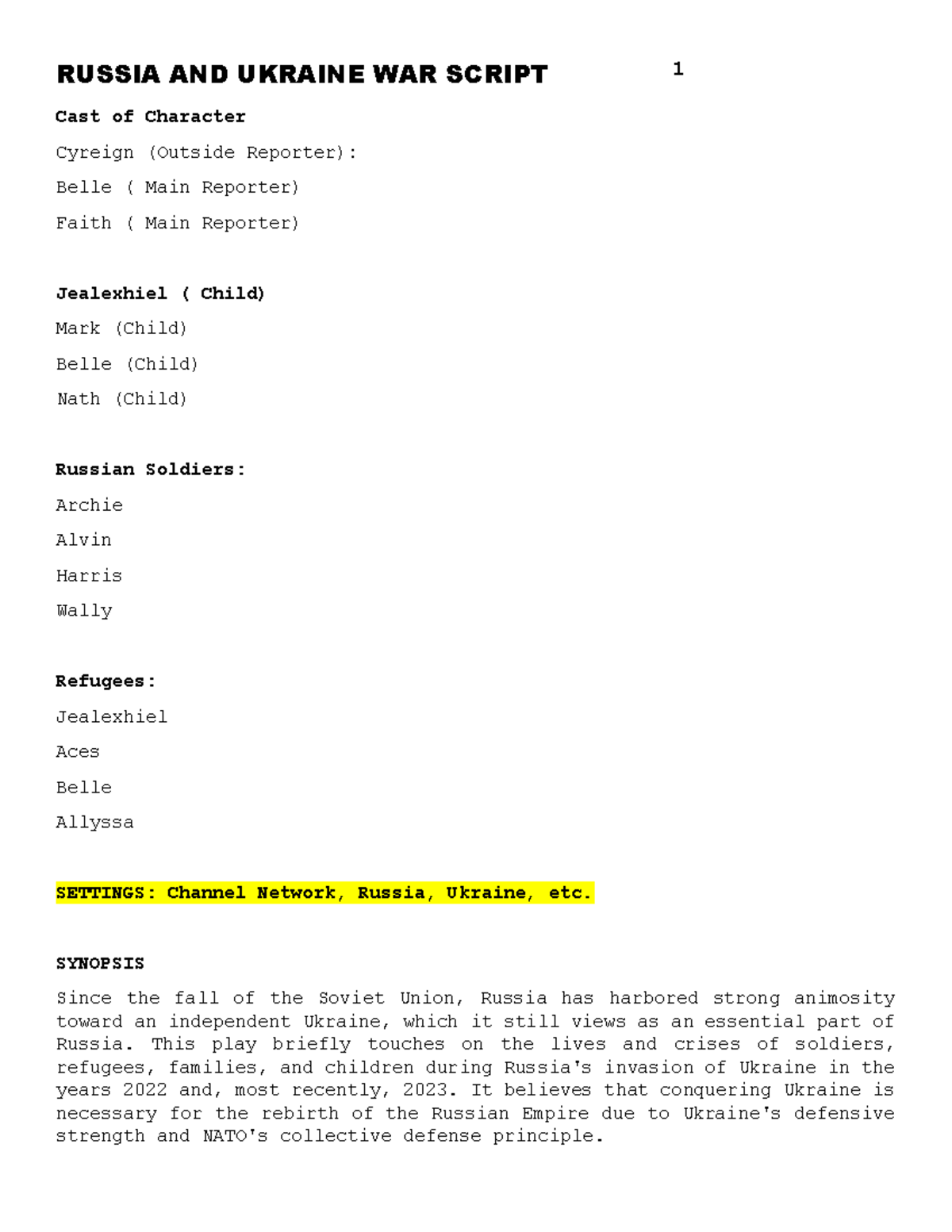 Final Script - RUSSIA AND UKRAINE WAR SCRIPT Cast of Character Cyreign ...