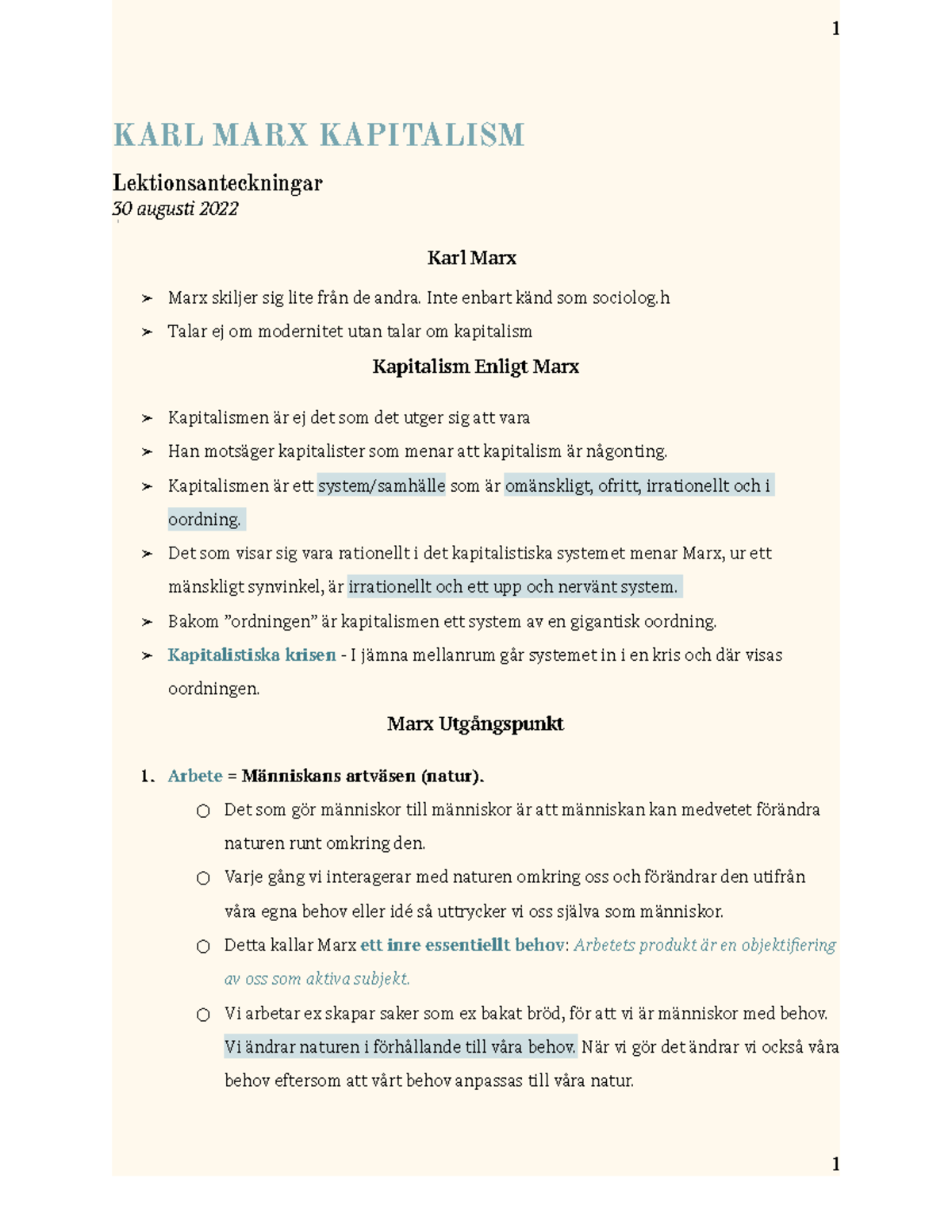 Marx Kapitalism 2 - KARL MARX KAPITALISM Lektionsanteckningar 30 ...