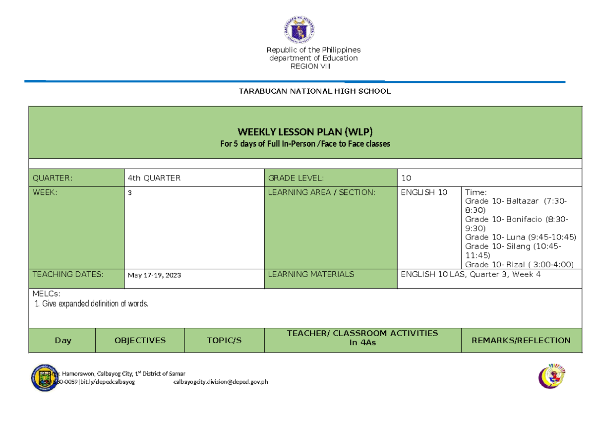 CO Lesson PLAN- Copy - department of Education REGION VIII TARABUCAN ...