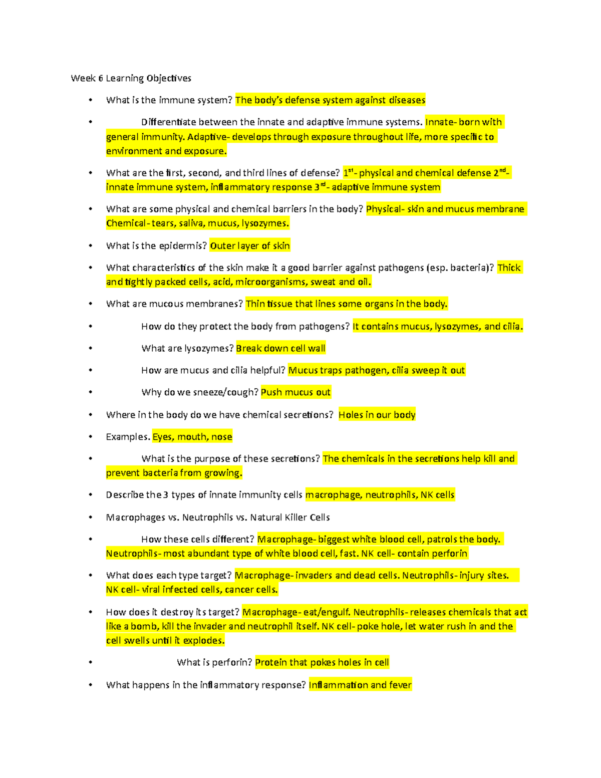 Biology 1101 Immune System Study Guide - Week 6 Learning Objectives ...