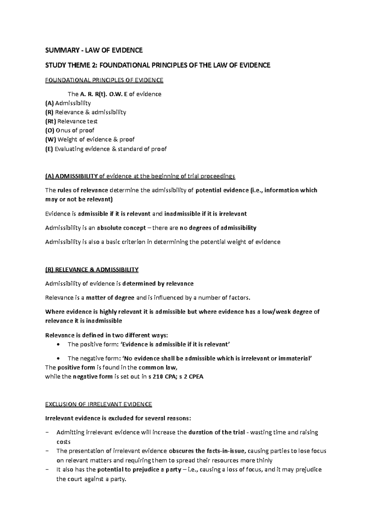 Study theme 2 - SUMMARY - LAW OF EVIDENCE STUDY THEME 2: FOUNDATIONAL ...