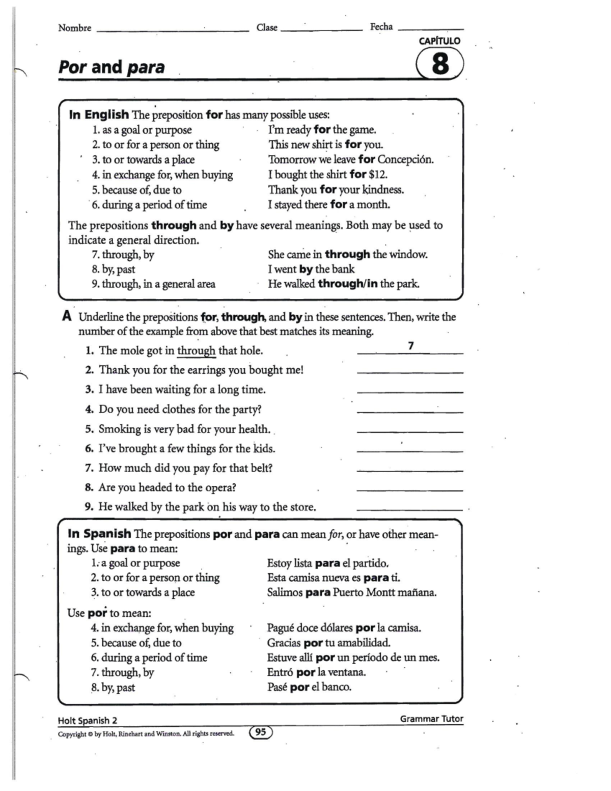 Por and Para practice - Nombre Clase Fecha CAPÍTULO Por and para 8 In ...