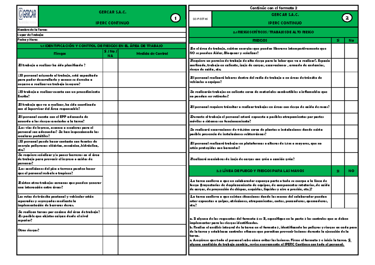 IPERCONTINUO GERCAR - Si / No / NA SI Continúe con el formato 2 GERCAR ...
