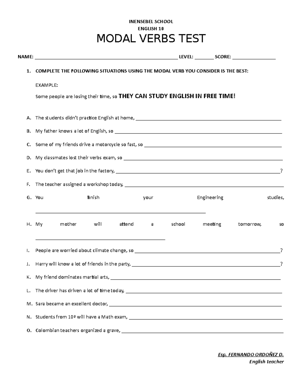 Modals 10 2021 - practice - INENSEBEL SCHOOL ENGLISH 10 MODAL VERBS ...