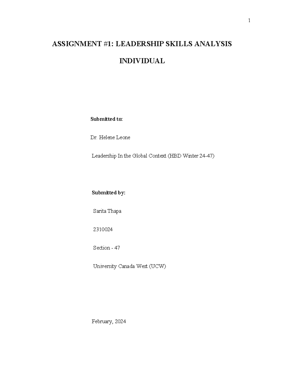 Individual assignment - ASSIGNMENT #1: LEADERSHIP SKILLS ANALYSIS ...