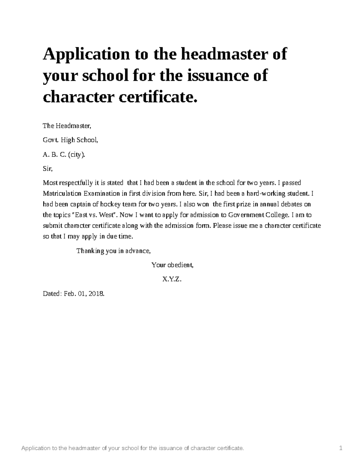 Application to the headmaster of your school for the issuance of ...