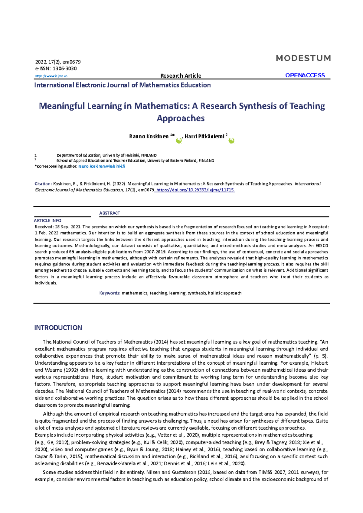IBR Samson - principal lecturer - International Electronic Journal of ...