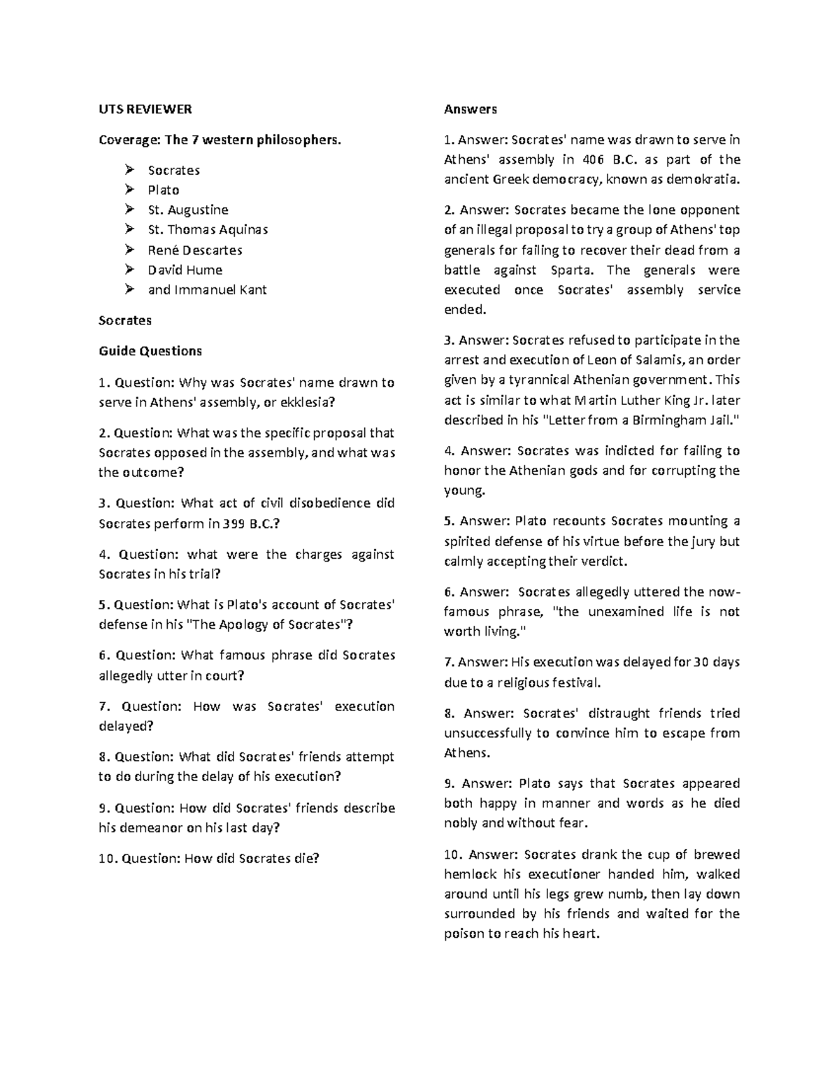UTS- Reviewer - UTS REVIEWER Coverage: The 7 western philosophers ...