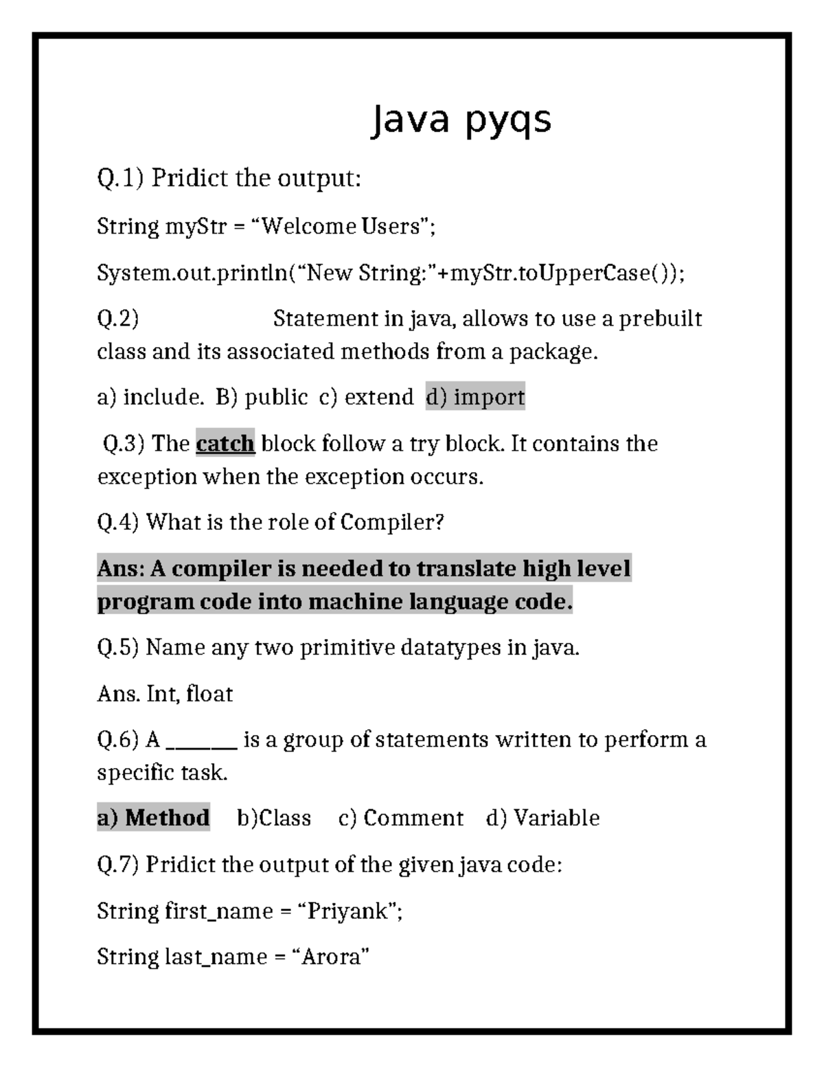 Java pyqs - Java pyqs Q) Pridict the output: String myStr = “Welcome Users”; System.out(“New ...