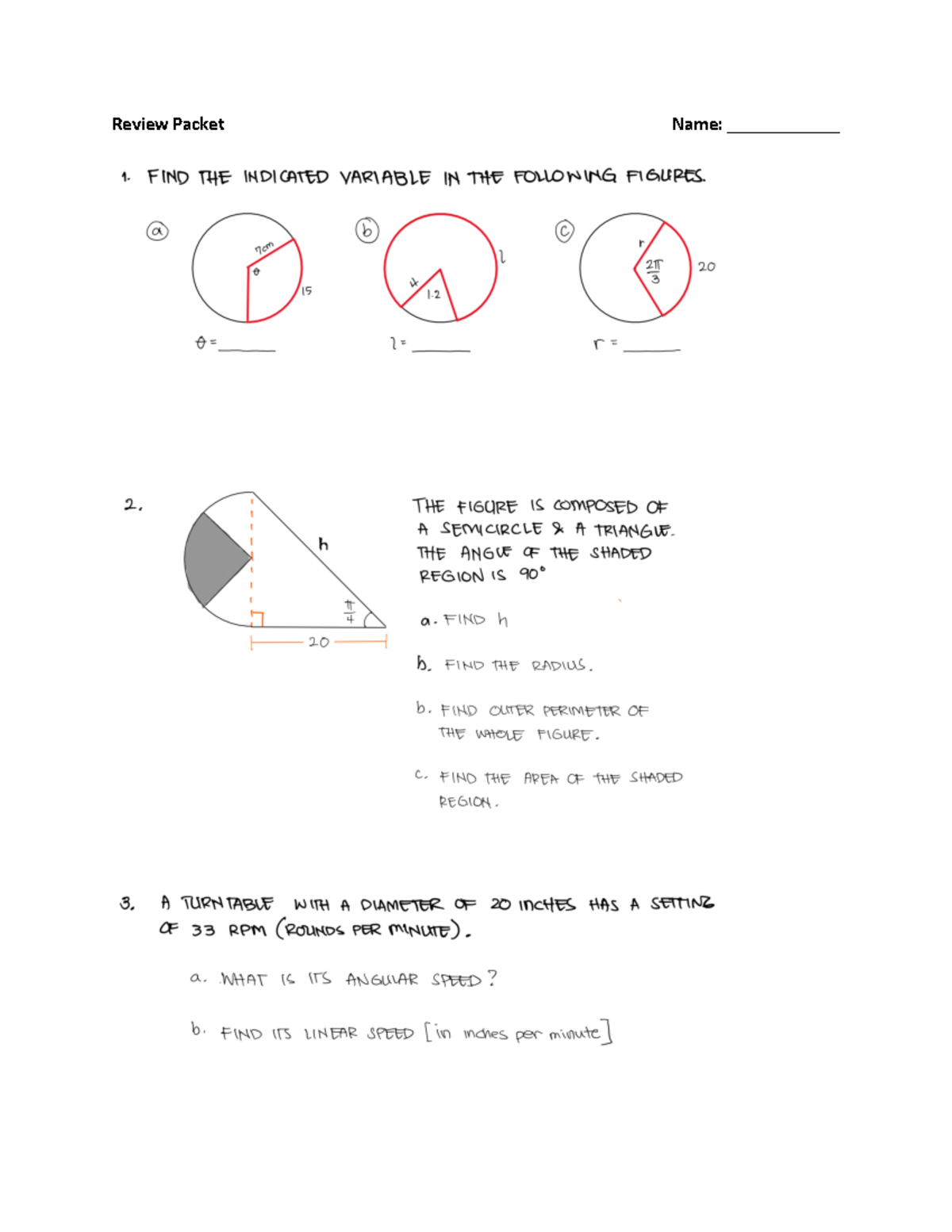 Review Packet Sem 1 Precalculus Review Packet Name 1 Find The