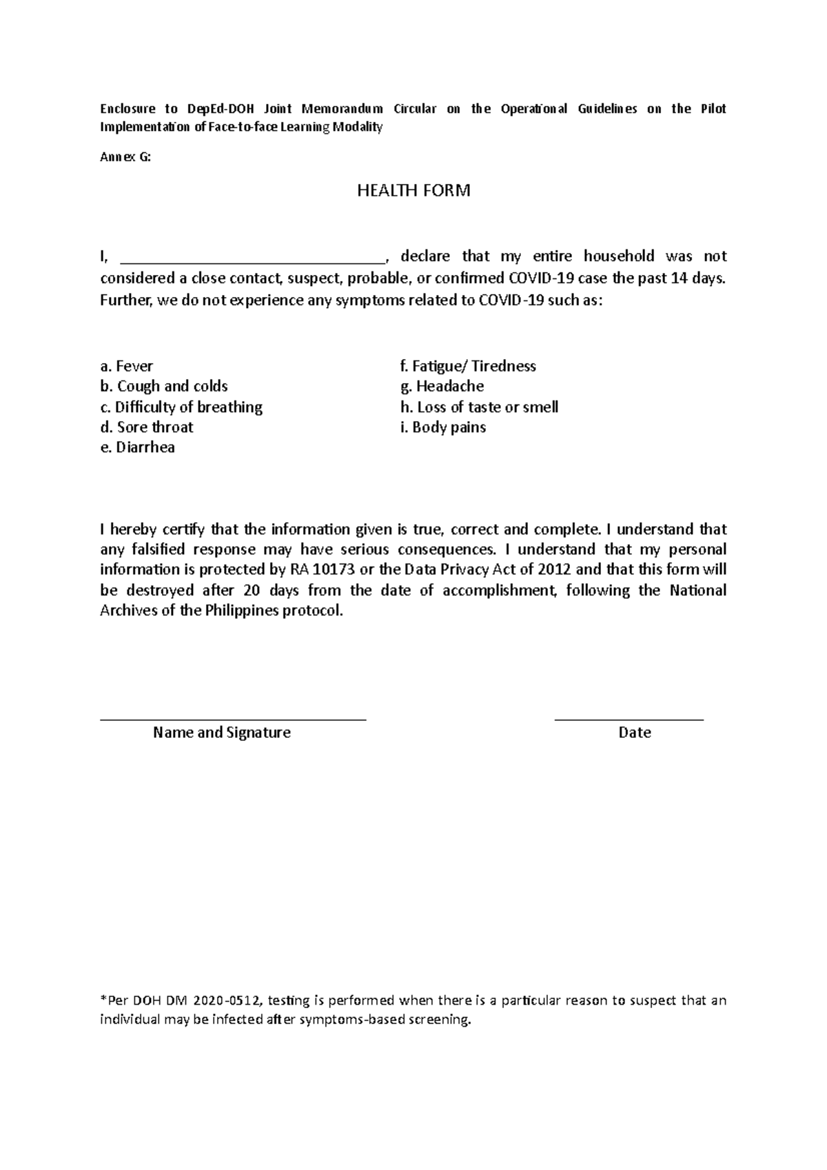 Heath-form - Form - Enclosure to DepEd-DOH Joint Memorandum Circular on ...