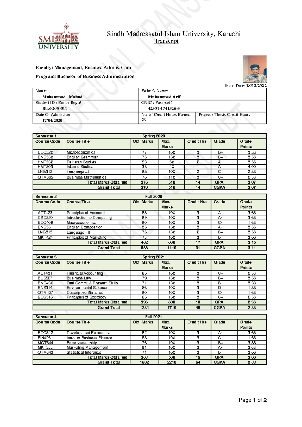 SMIU STD TR2 (19) - UNOFFICIAL TRANSCRIPT UNOFFICIAL TRANSC Sindh ...
