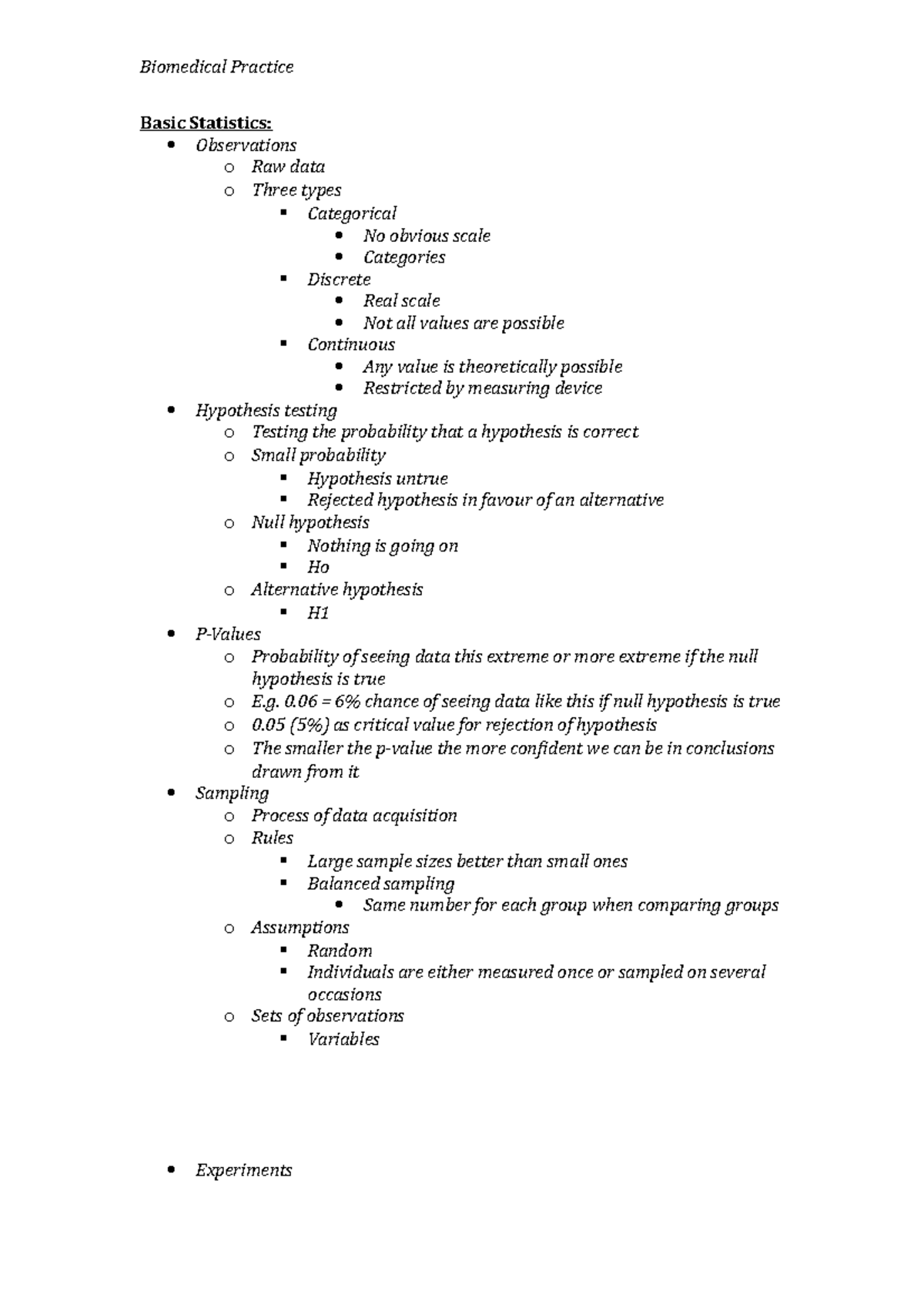 Basic Statistics Lecture Notes - Biomedical Practice Basic Statistics ...