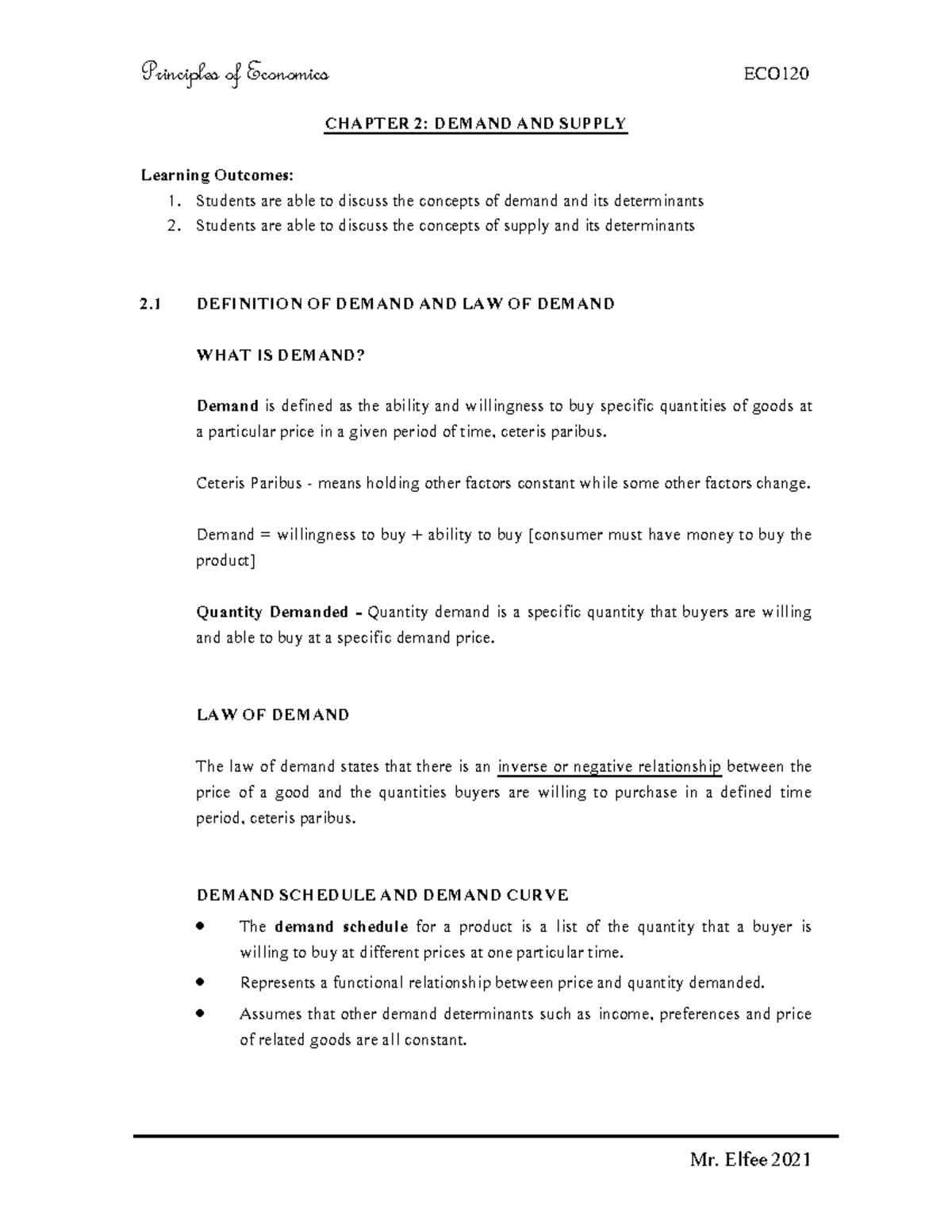 Chapter 2 - eco - CHAPTER 2: DEMAND AND SUPPLY Learning Outcomes: 1 ...