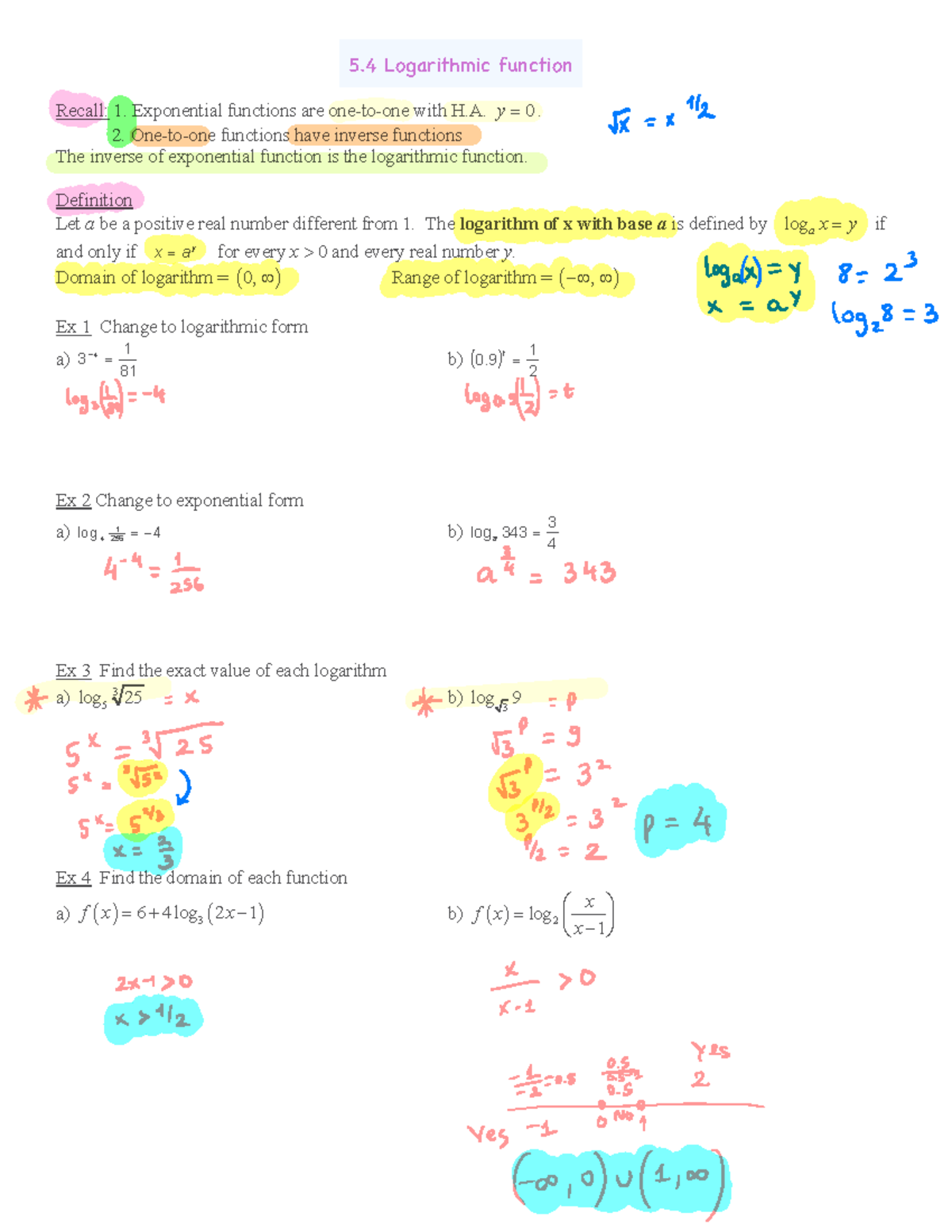 5.4 logarithmic function - 5 Logarithmic Function Recall: 1 ...