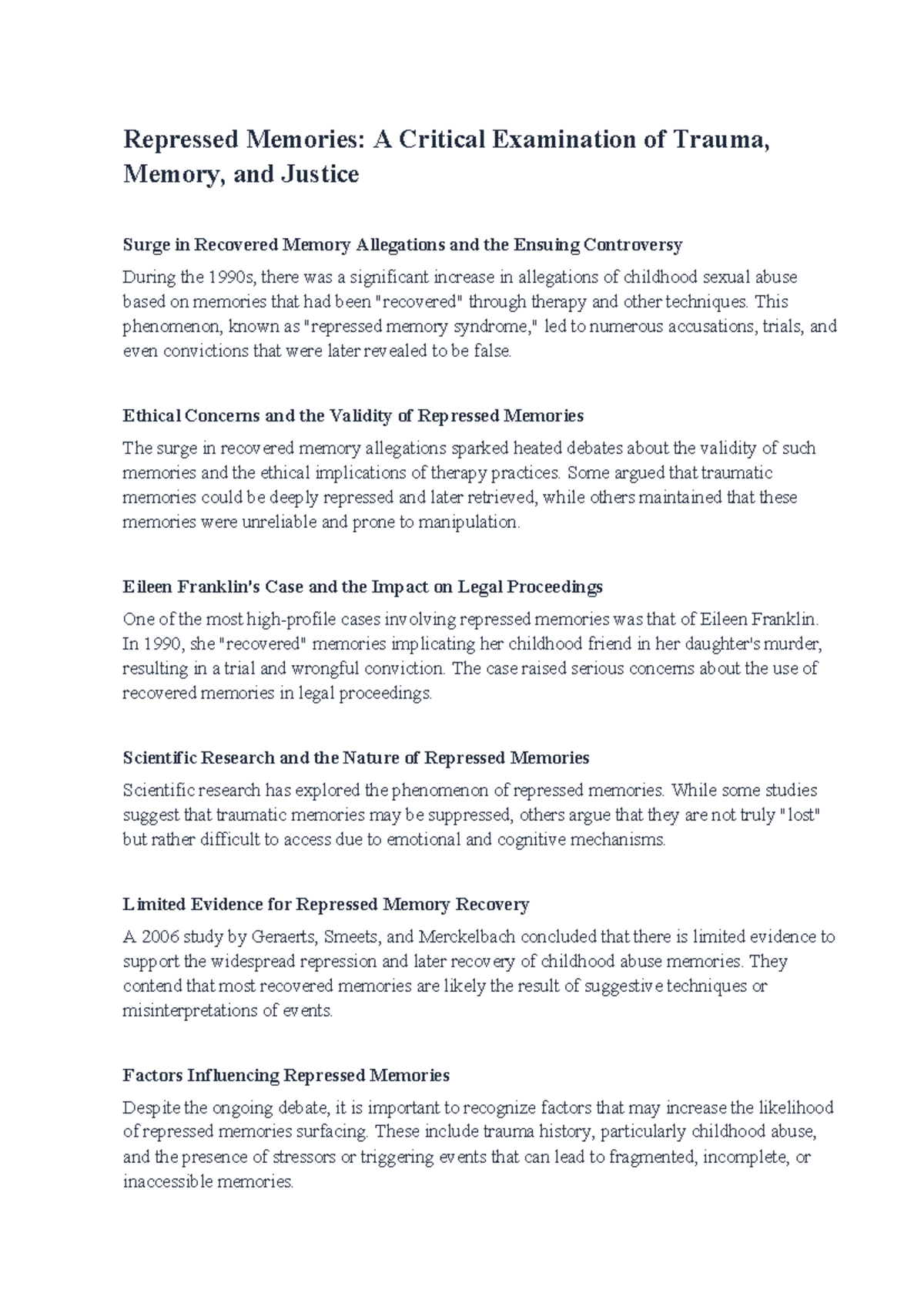 Written Assignment Unit 4 - Repressed Memories: A Critical Examination ...