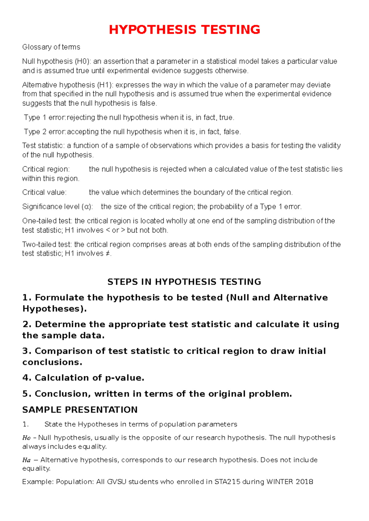 Hypothesis Testing Statistic Summary Hypothesis Testing Glossary Of Terms Null Hypothesis