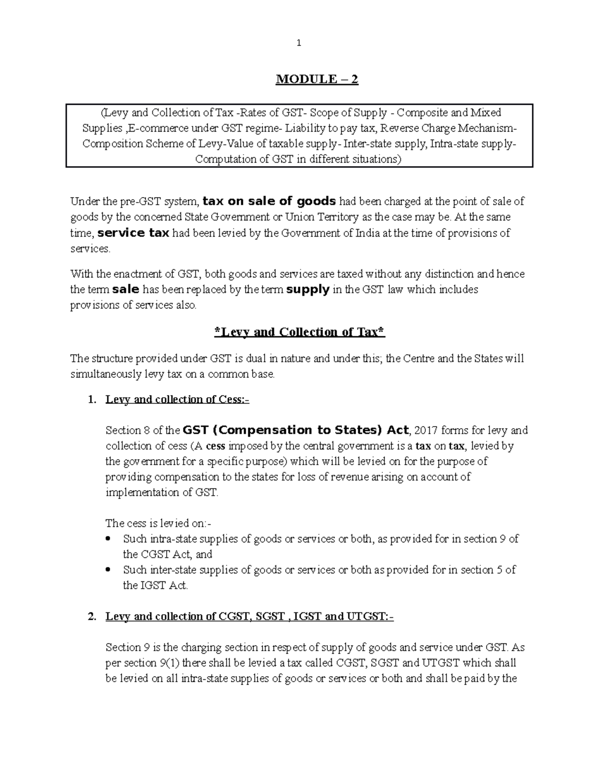 GST Module 2 - gst - MODULE – 2 (Levy and Collection of Tax -Rates of ...