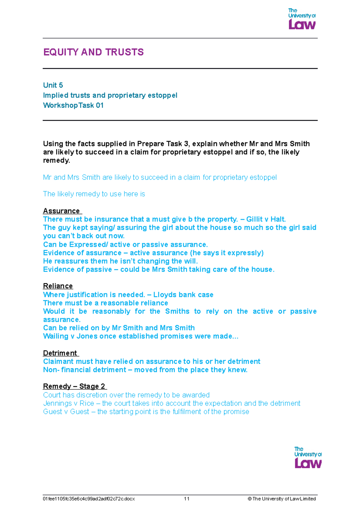 2324 eqtr u05a ce01 workshop task01 - EQUITY AND TRUSTS Unit 5 Implied ...