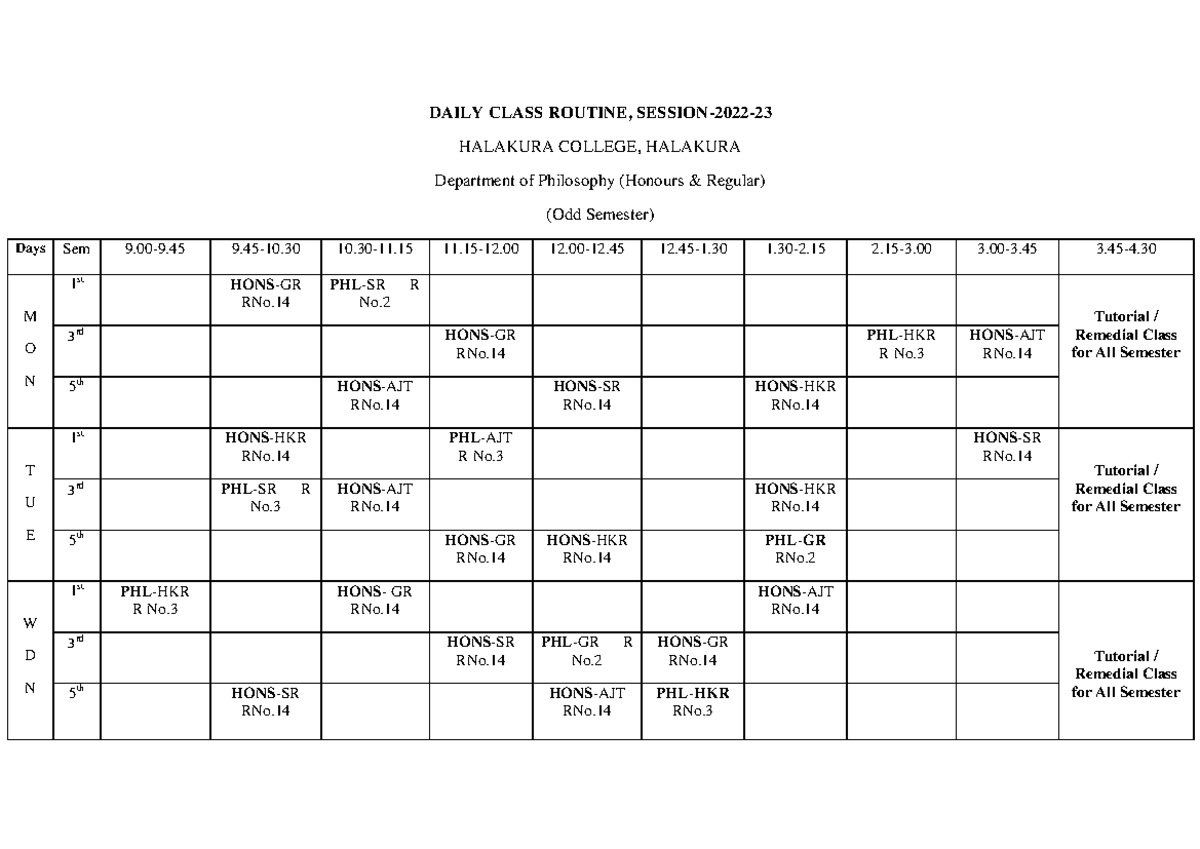 Class Routine - sadfdg - DAILY CLASS ROUTINE, SESSION-2022- HALAKURA ...