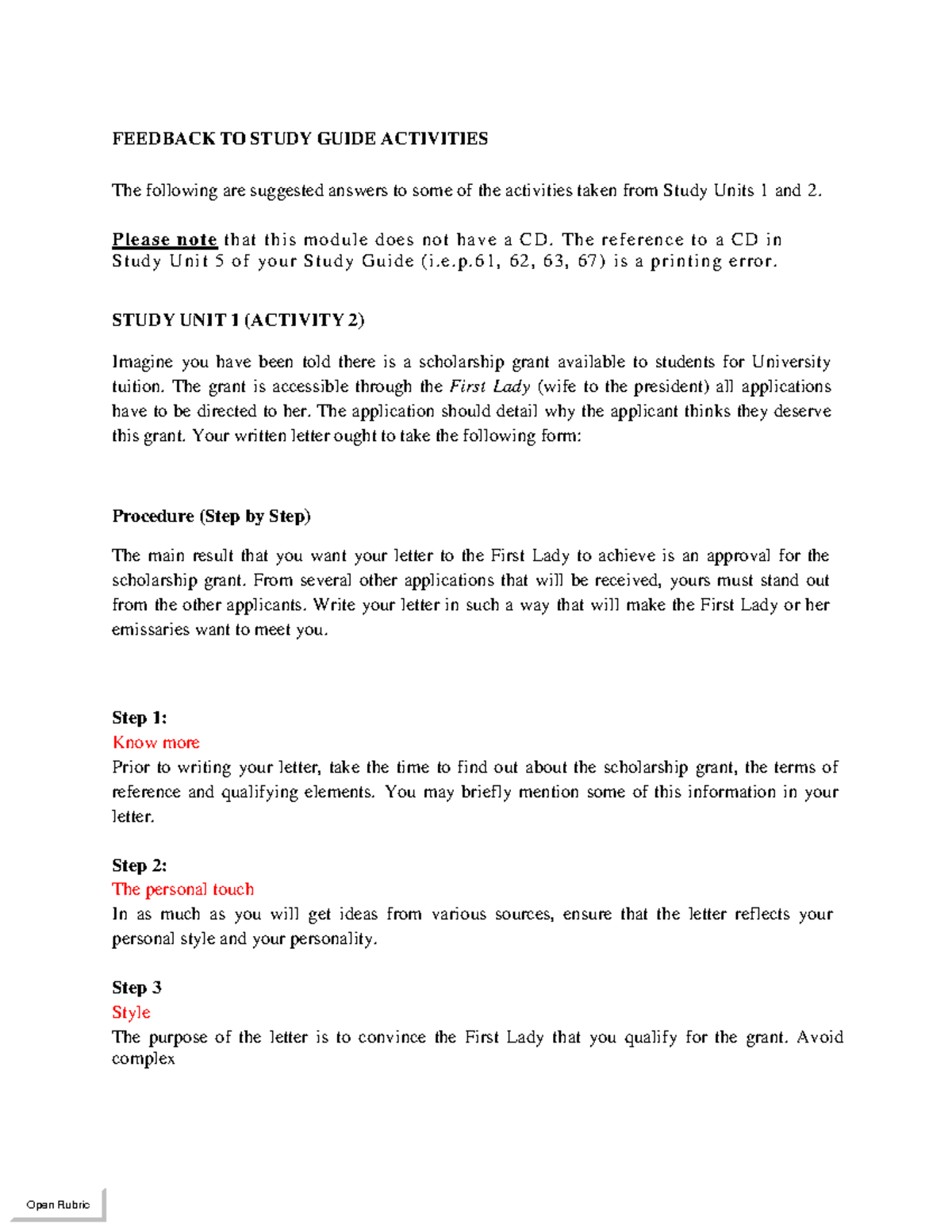 ENG 2601 Activities Feedback - FEEDBACK TO STUDY GUIDE ACTIVITIES The ...