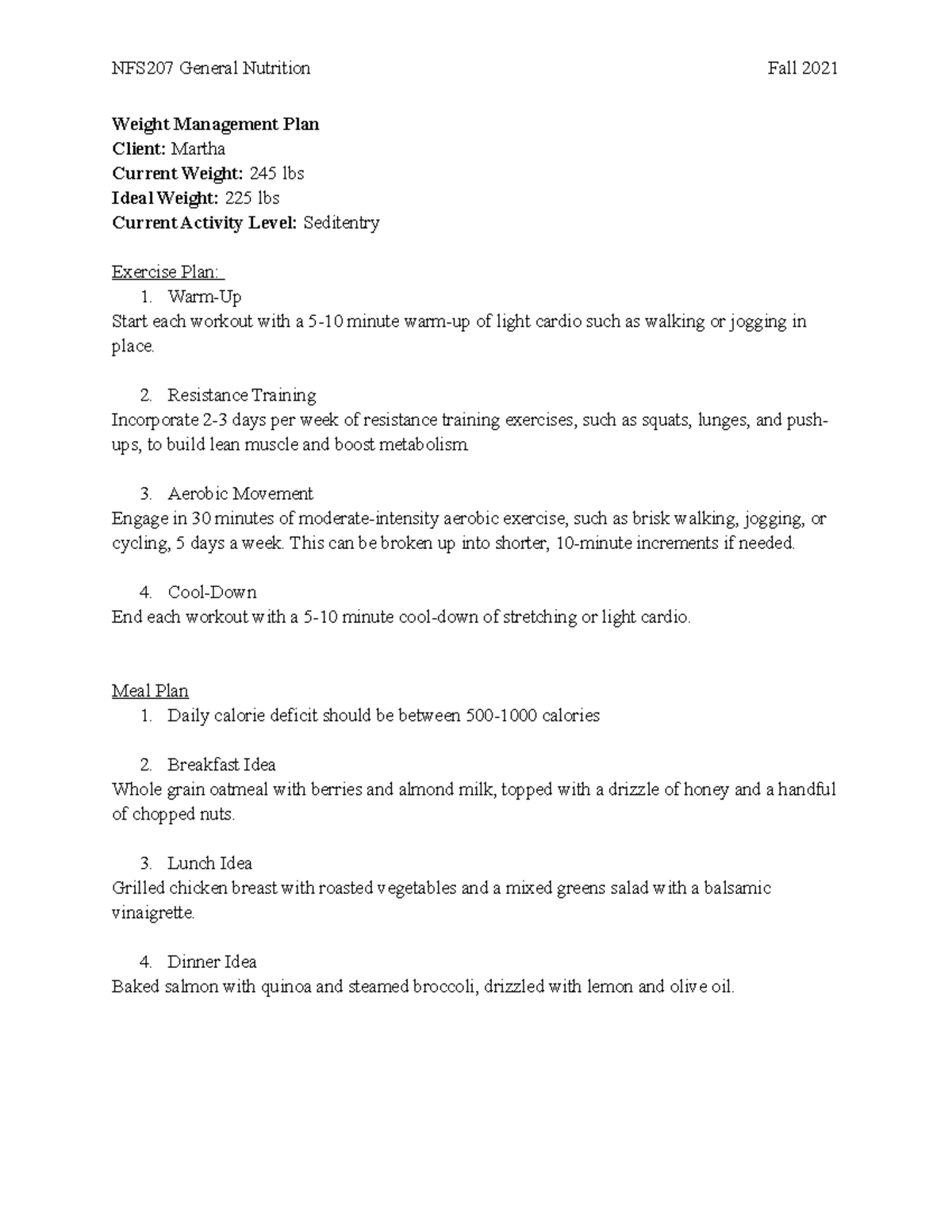NFS207 Martha Weight Management Plan - NFS207 General Nutrition Fall ...