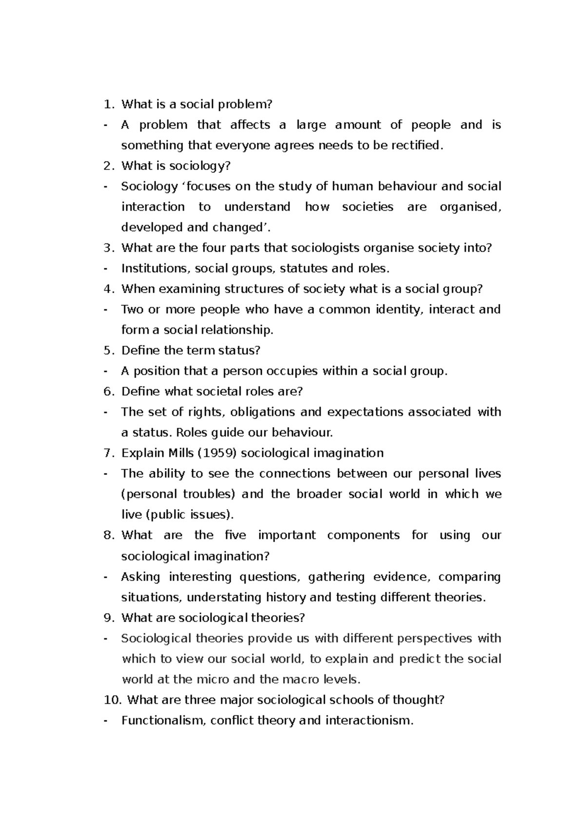 Practice quiz- sociology - 1. What is a social problem? - A problem ...