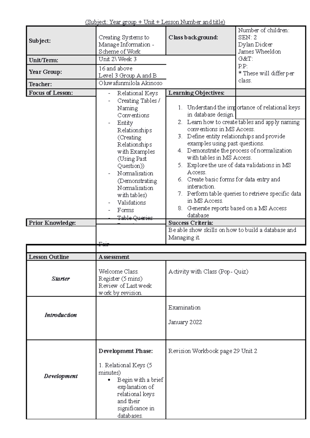 Lesson-Plan week 3 - LESSON plans - Subject: Creating Systems to Manage ...